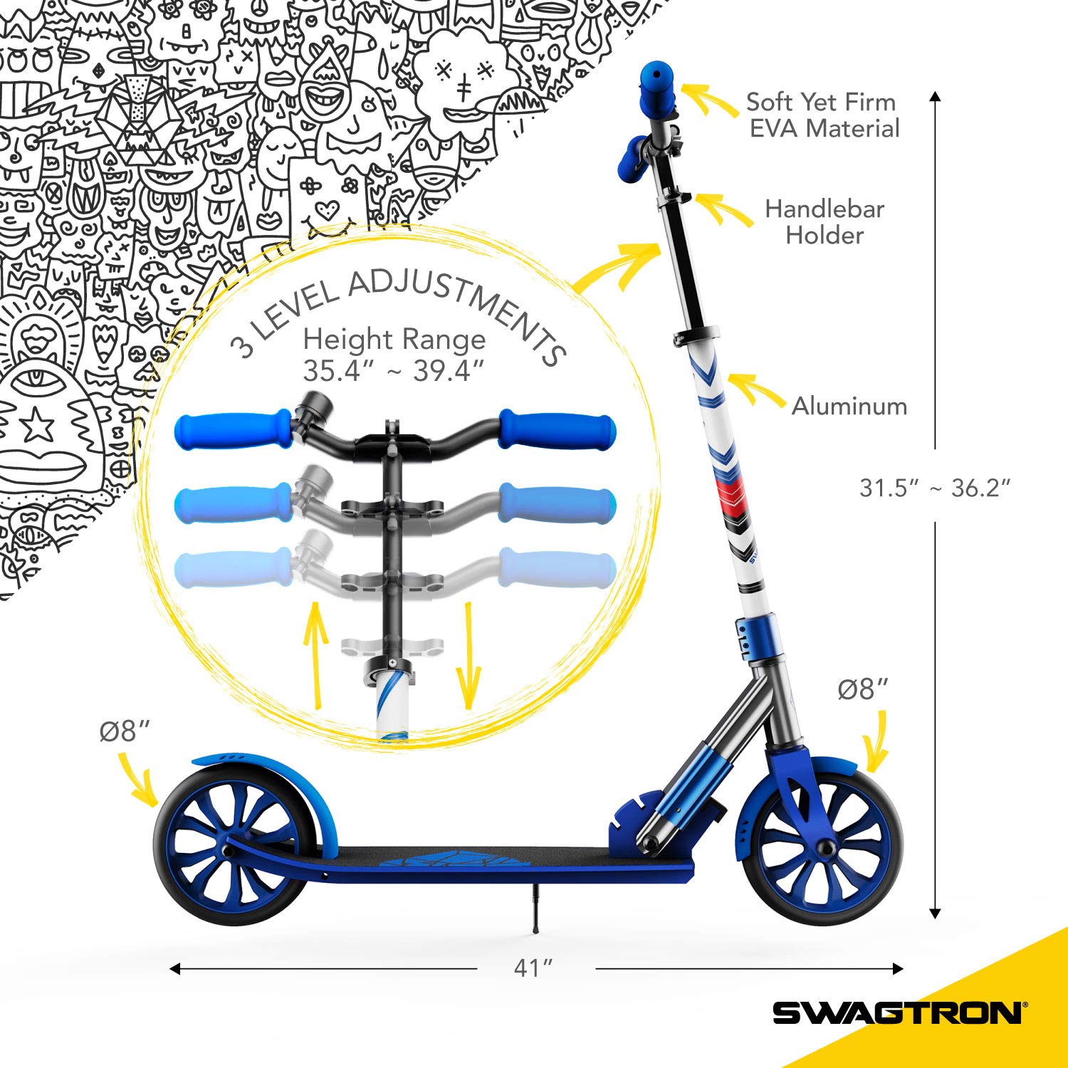 Swagtron K8 Titan Foldable Commuter Kick Scooter for Adults & Teens, Height-Adjustable, ABEC-9 Wheel Bearings, Cobalt Gray