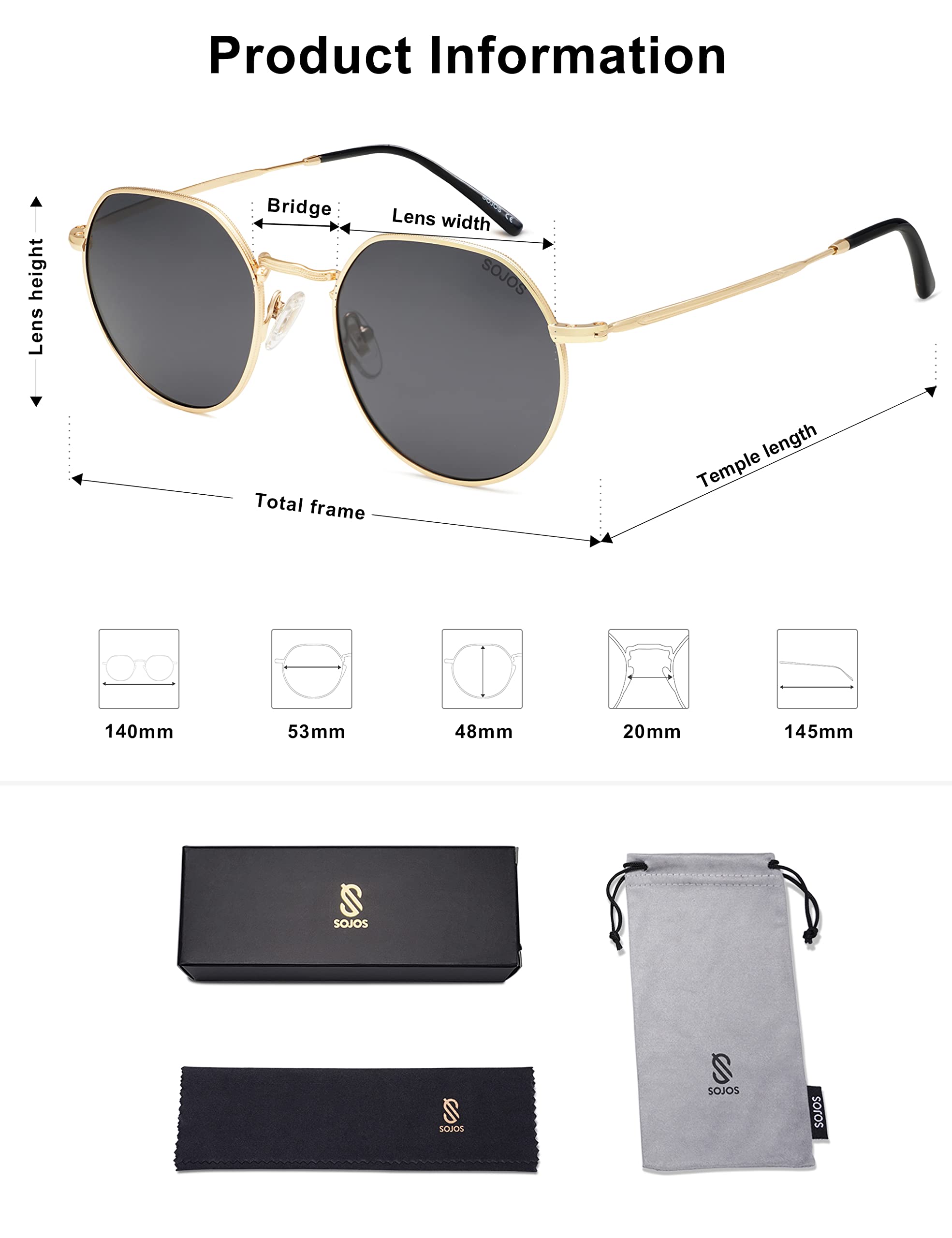 SOJOS Round Polygon Polarized Sunglasses for Women Men Retro Classic Vintage Shades SJ1157 Black Lens
