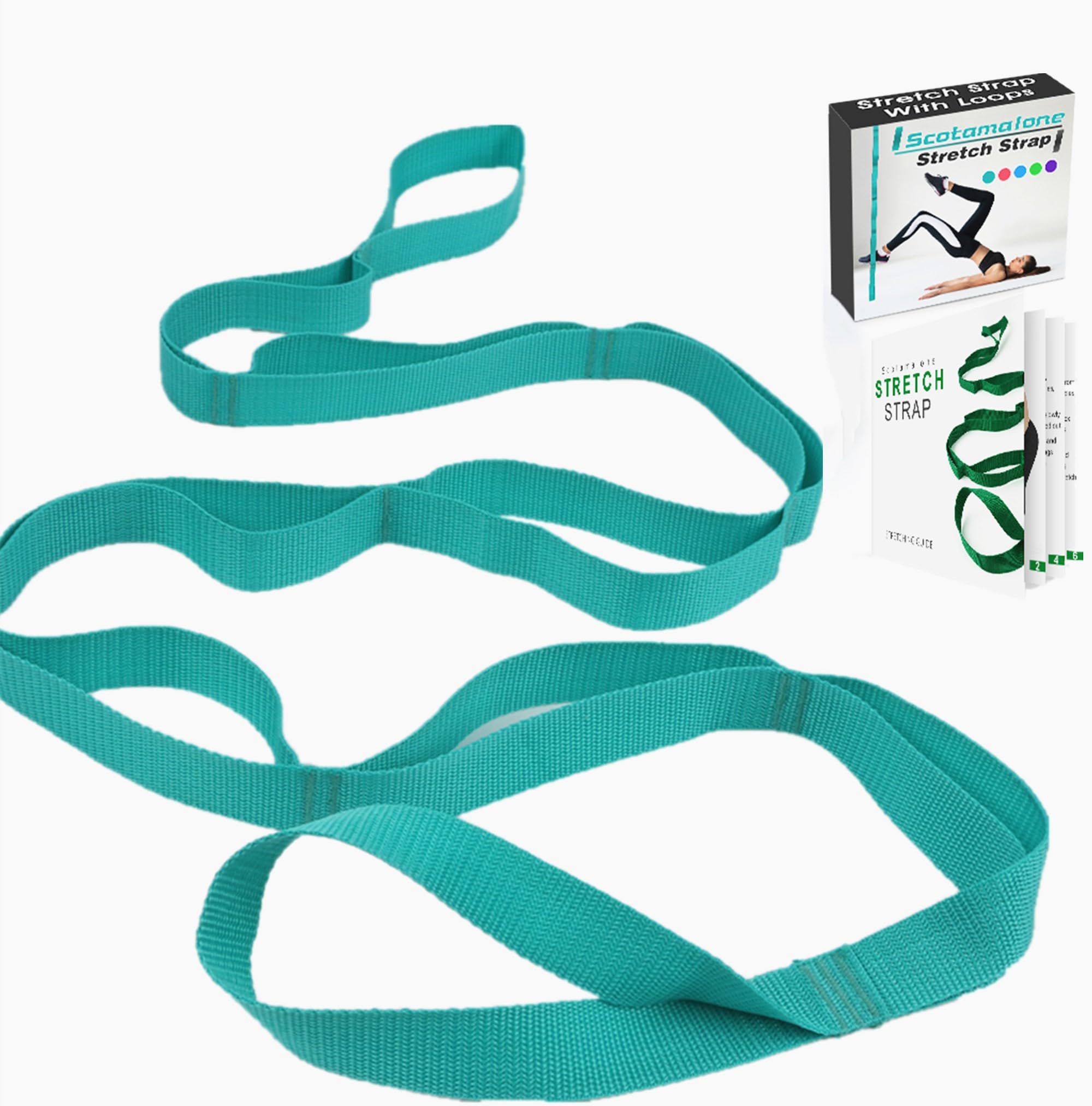 Scotamalone Stretching Strap Yoga Strap Physical Therapy for Home Workout, Exercise, Pilates and Gymnastics with Exercise Book 10 Loops Non-Elastic Stretch Bands with Aesthetic Packaging for Women & Men