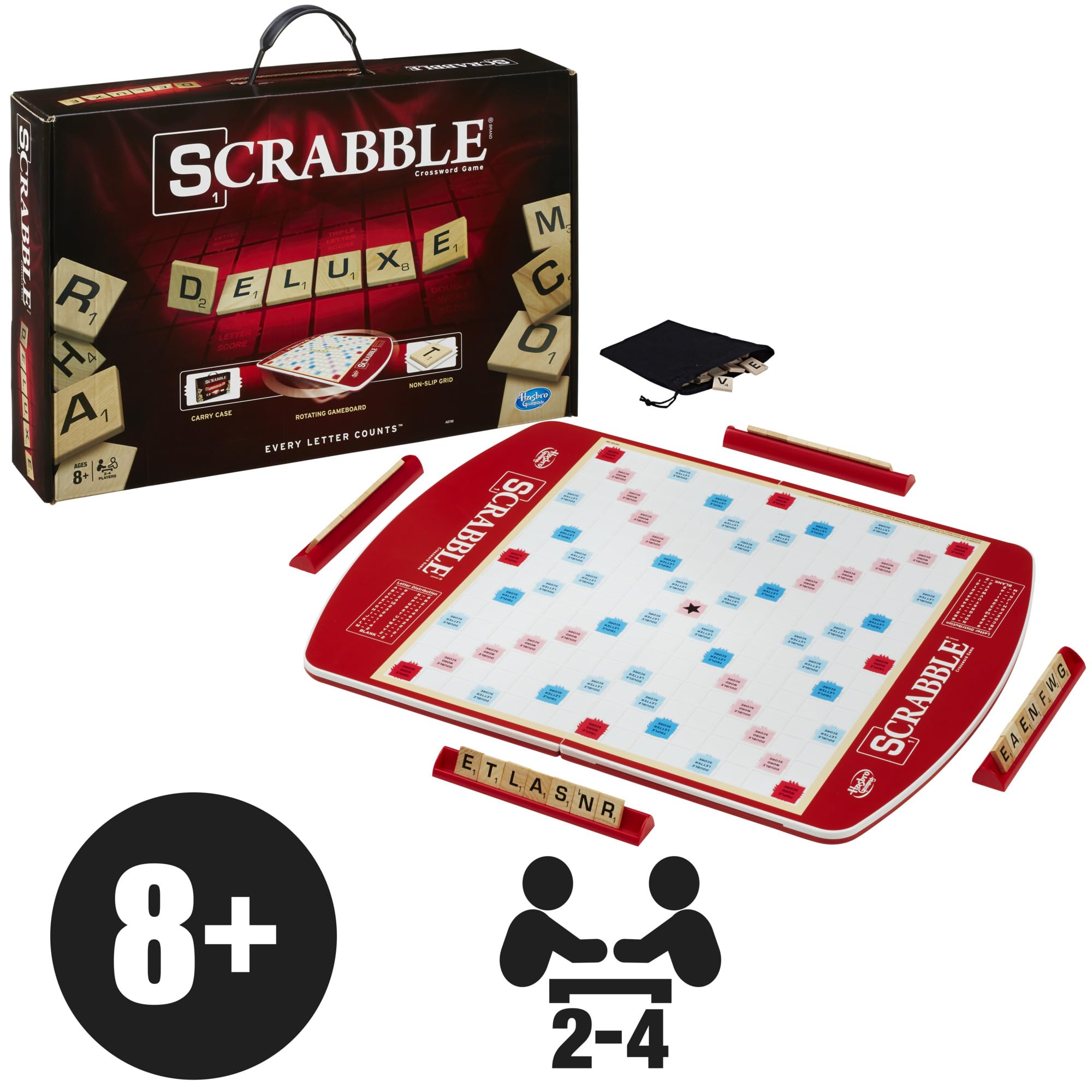 Scrabble Game Deluxe Edition Letter Tiles Board Game, Family Board Games for Adults and Kids, Word Games for 2-4 Players, Ages 8+