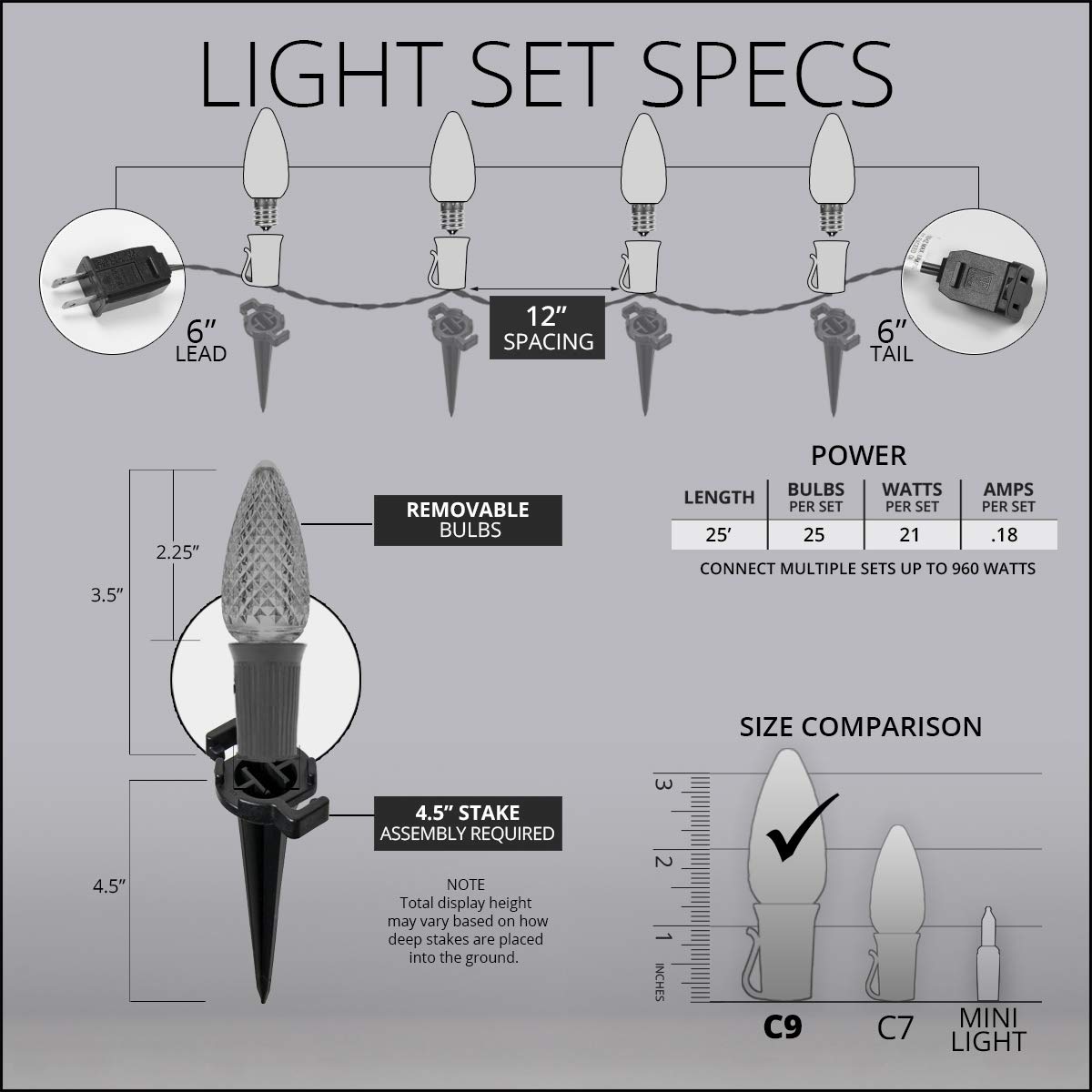 Wintergreen Lighting 25’ OptiCore LED Cool White Pathway Christmas Lights, C9 Outdoor White Christmas Lights, 4.5” Stakes, Green Wire Plug String Lights