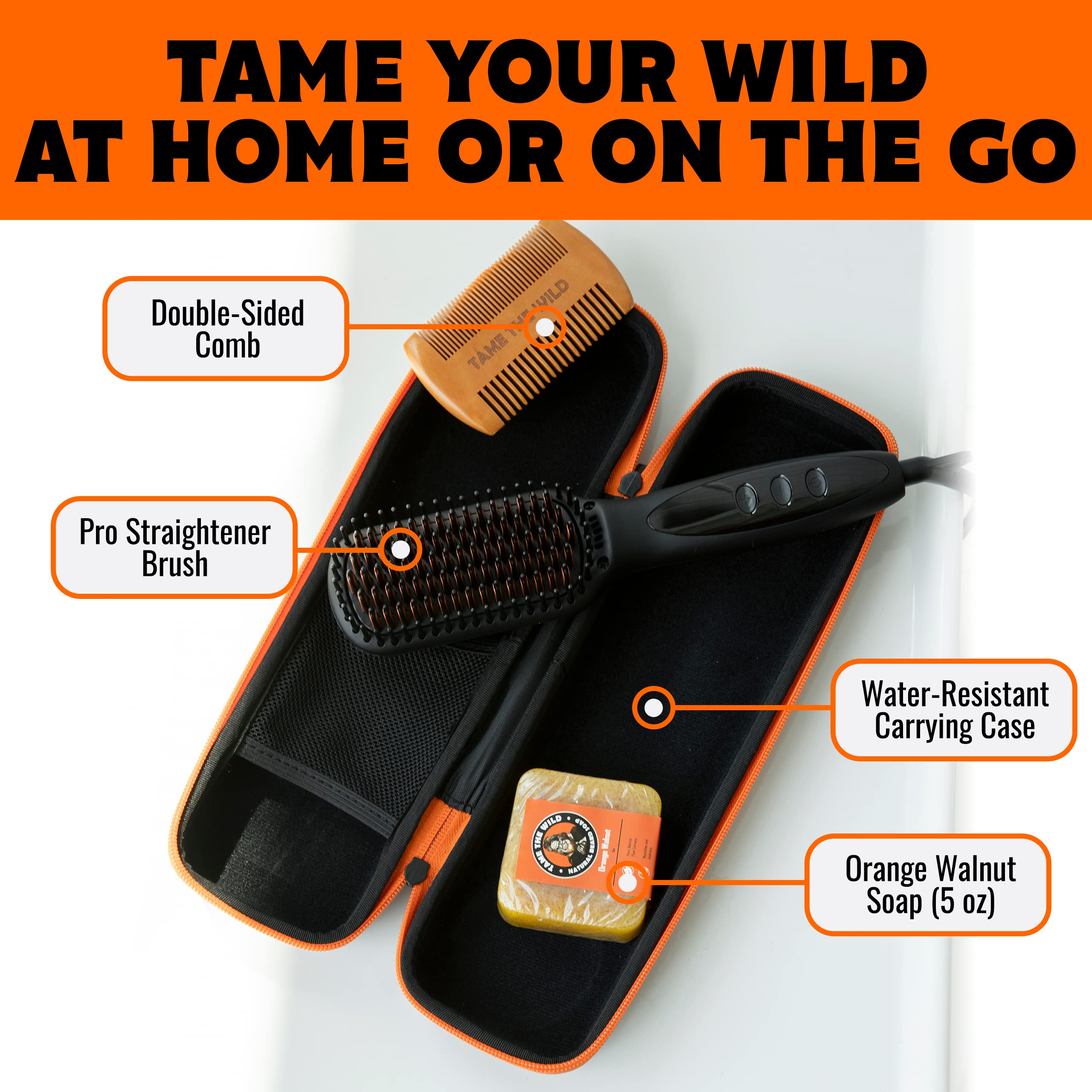 Tame The Wild Pro Beard Straightener for Men Kit - Beard Grooming Kit - Includes Portable Heated Beard Brush, Beard Soap, Pearwood Comb, & Storage Case