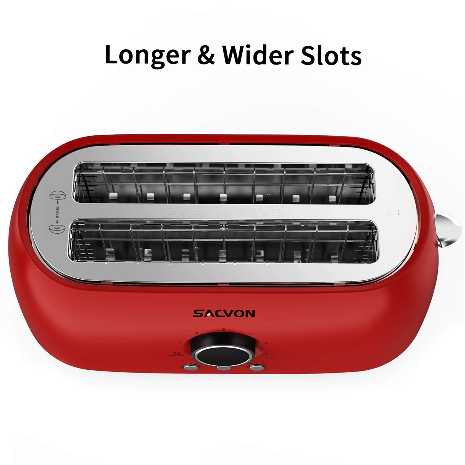 Toaster 4 Slice Long Slot, SACVON Stainless Steel Retro Toasters with Big Timer, Removable Crumbs Tray, Red (Red)