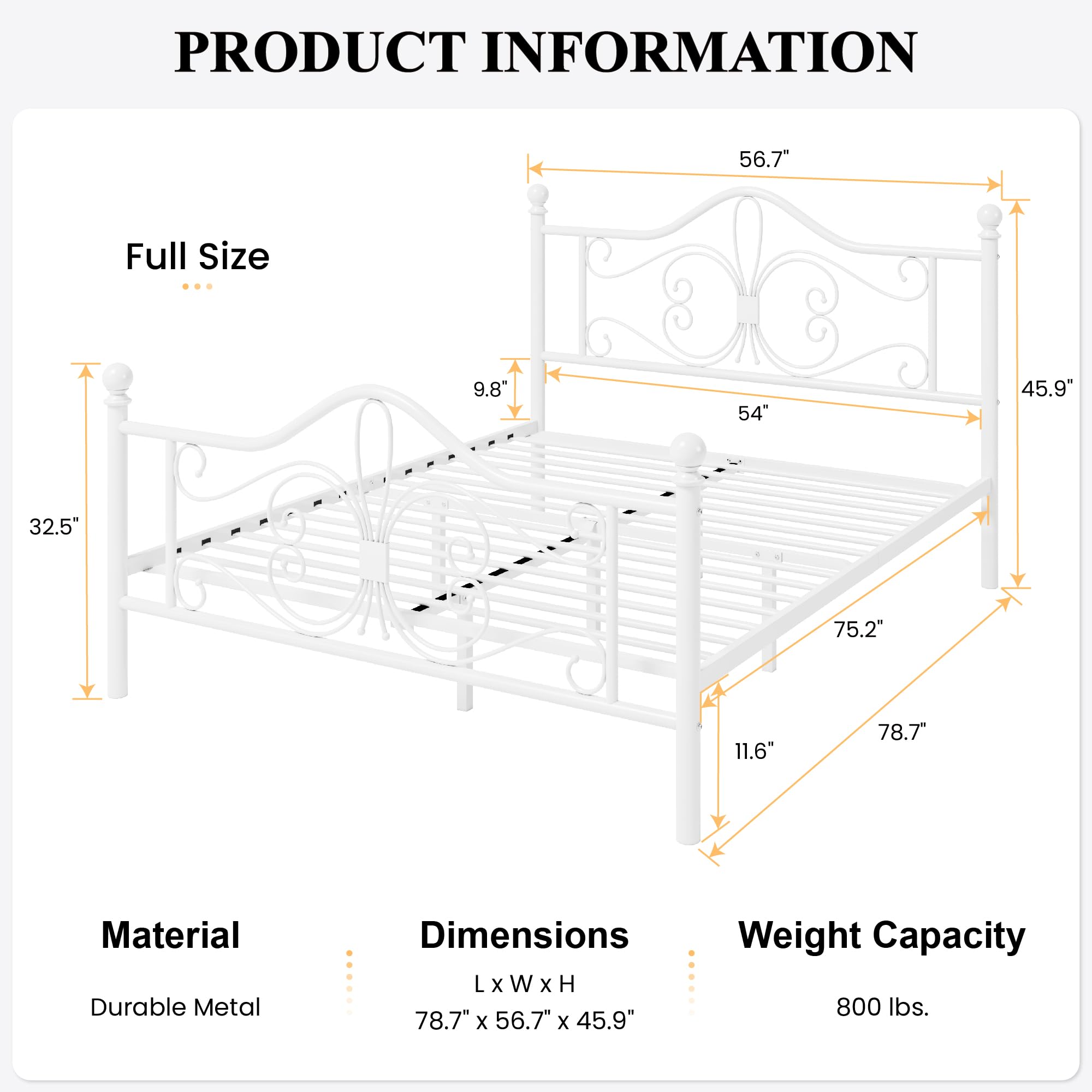 SHA CERLIN Full Size Bed Frame with Headboard,Metal Bed Frame with Butterfly Pattern Design Headboard & Footboard,No Box Spring Needed,Easy Assembly,White
