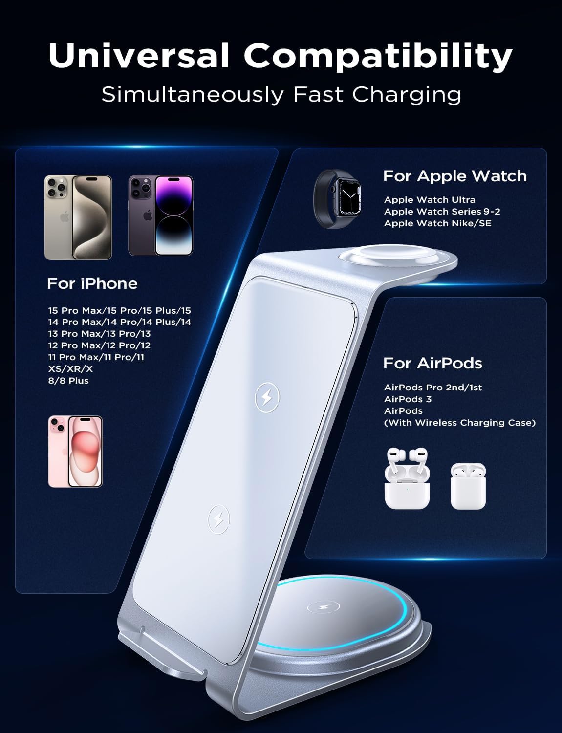 Wireless Charger, 3 in 1 Charging Station for Multiple Devices Apple, [Metal] 15W Fast iPhone Charging Station for iPhone 15/14/13/12/11/Pro/Max/Apple Watch/Airpods Pro