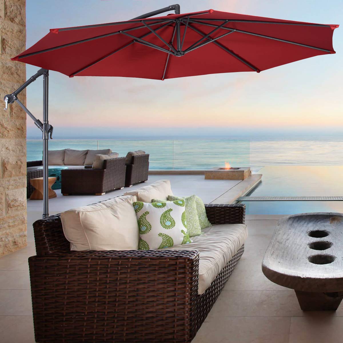 Tangkula Patio Umbrella, 10 ft Outdoor Offset Hanging Umbrella with Crank and Cross Base, 8 Steel Rips, Sturdy Frame and Adjustable Umbrellas for Garden Poolside Deck Market (Burgundy)