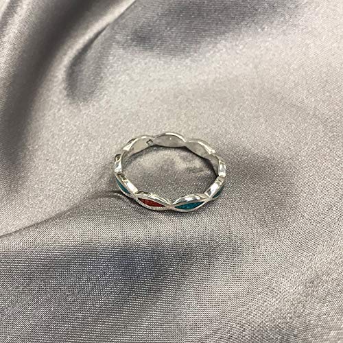 Southwestern Style Oval Turquoise and Coral Gemstone 4mm 925 Sterling Silver Infinity Band Ring for Women Size 5