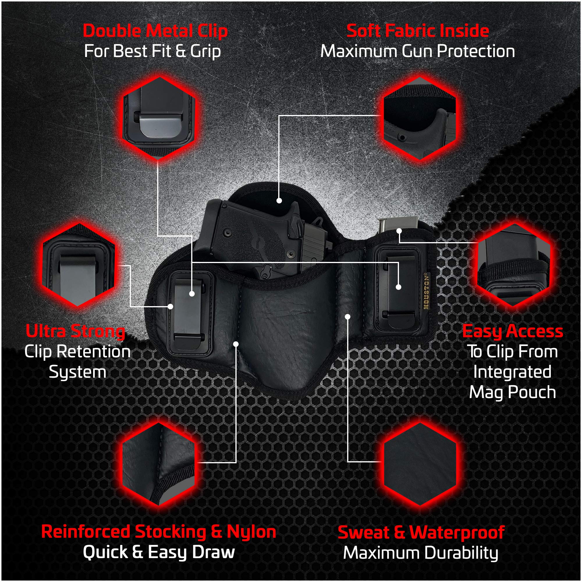Tactical Pancake Gun Holster Houston - ECO Leather Concealed Carry Soft Material | Suede Interior for Protection | IWB | with Mag Pouch | Fits: Glock 42 43 | Kahr 9mm .40 .45 | Bersa .380 | Ruger LC9