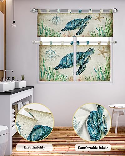 Tab Top Curtain Valance and Tiers Set,Underwater World Turtle Starfish Compass Light Filtering Kitchen Curtains Valances,Ocean Creature Seagrass Nautical Cafe Window Treatment Drapes for Bedroom