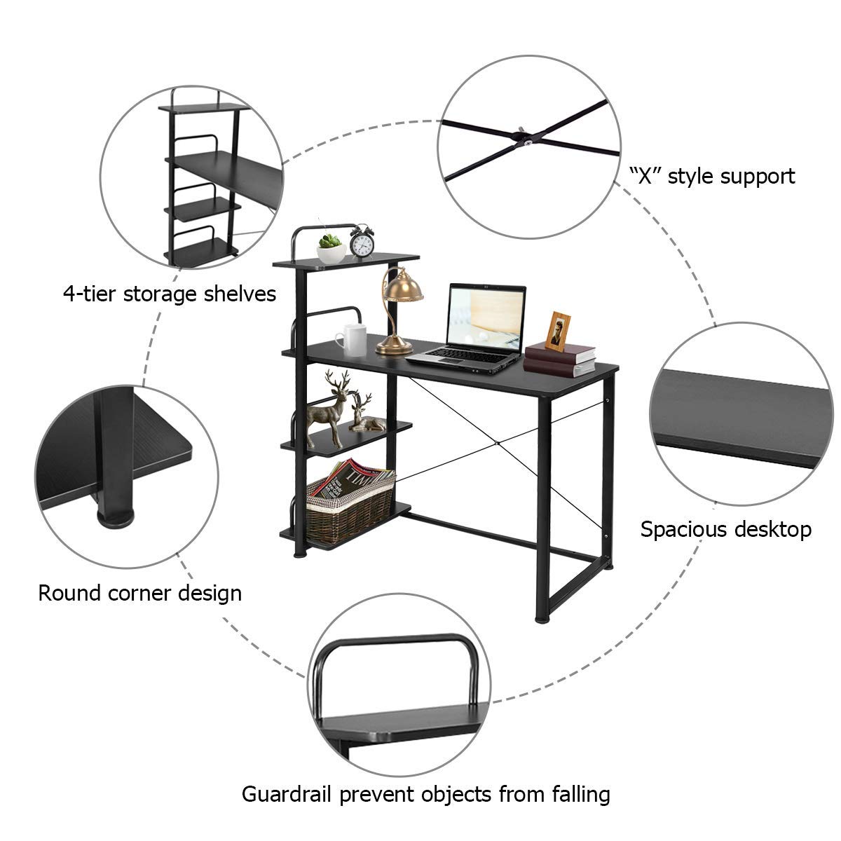 Tangkula Computer Desk with 4 Tier Shelves, Home Office Desk, Study Writing Desk, Space Saving Computer Workstation, Gaming Desk (Black)