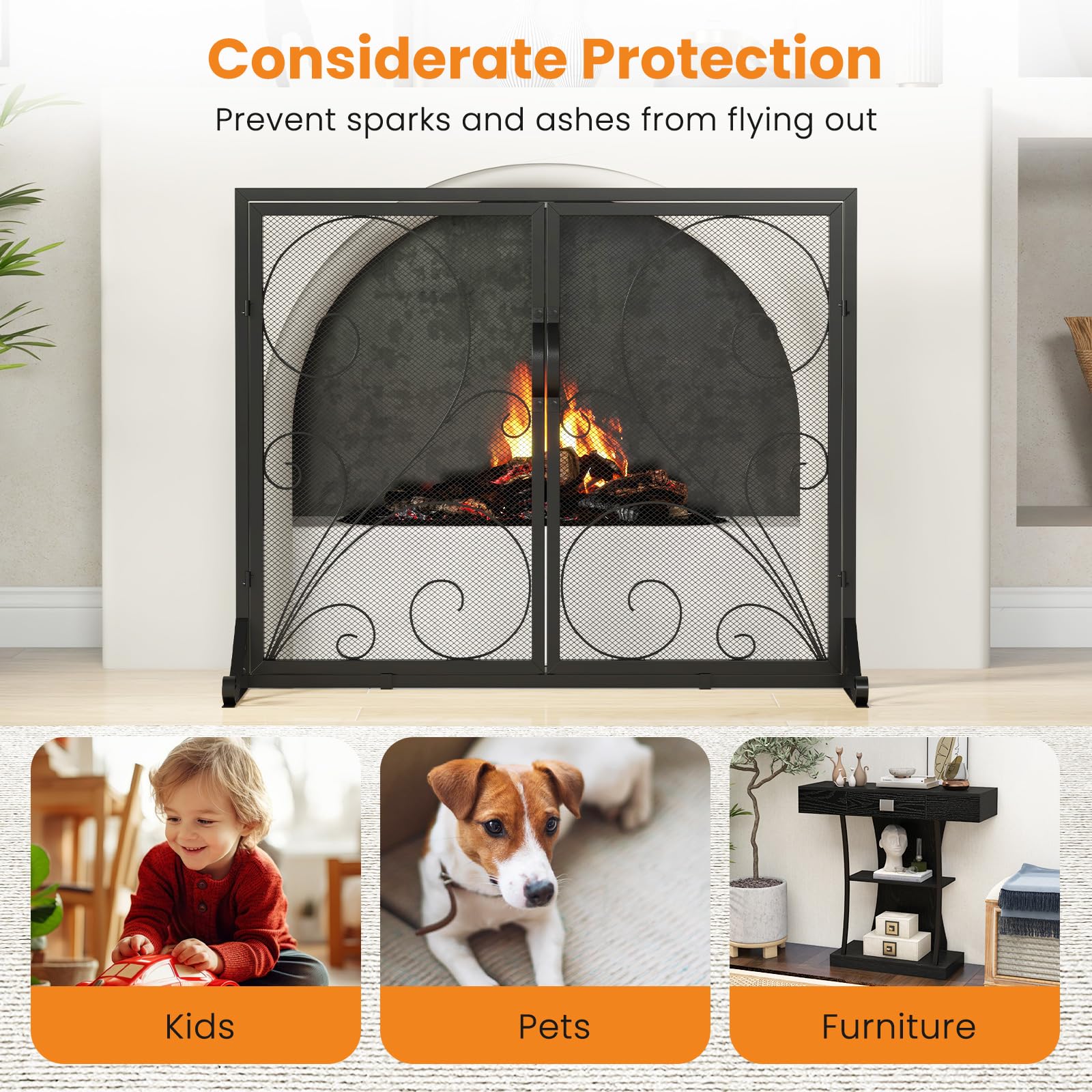 Tangkula Fireplace Screen, Firelpace Gate with Hinged Two-Doors, Wrought Iron Mesh, Steel Crest Fireplace Screen with Wrought Iron, Baby Safe Spark Guard Protector