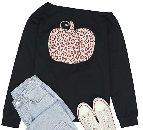 Women Leopard Pumpkin Printed Sweatershirt Halloween Off Shoulder Pullover Casual Graphic Fall Long Sleeve T Shirt Tops