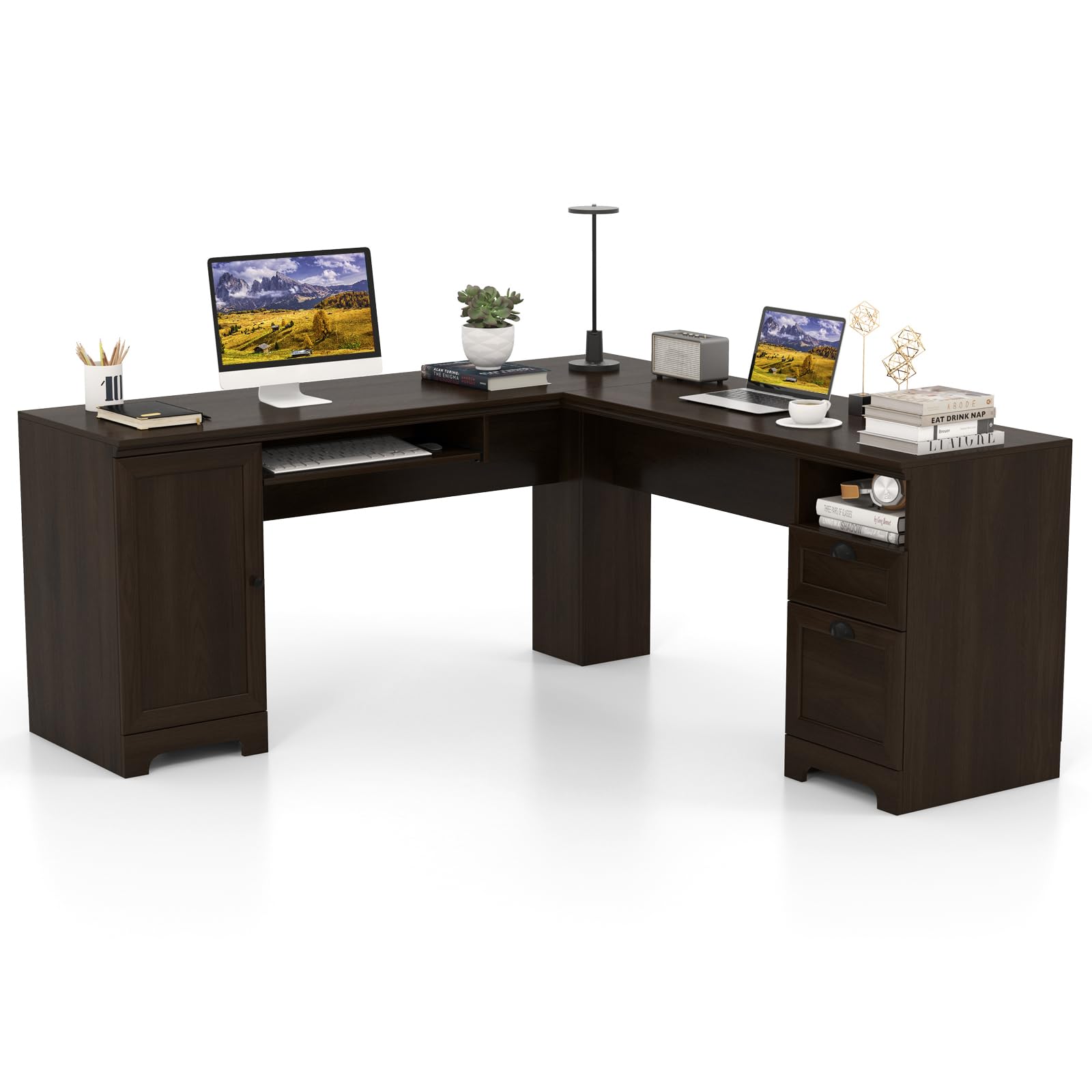 Tangkula L-Shaped Desk, 66" × 66" Corner Computer Desk with Drawers and Storage Shelf, Home Office Desk, Sturdy and Space-Saving Computer Workstation, Black