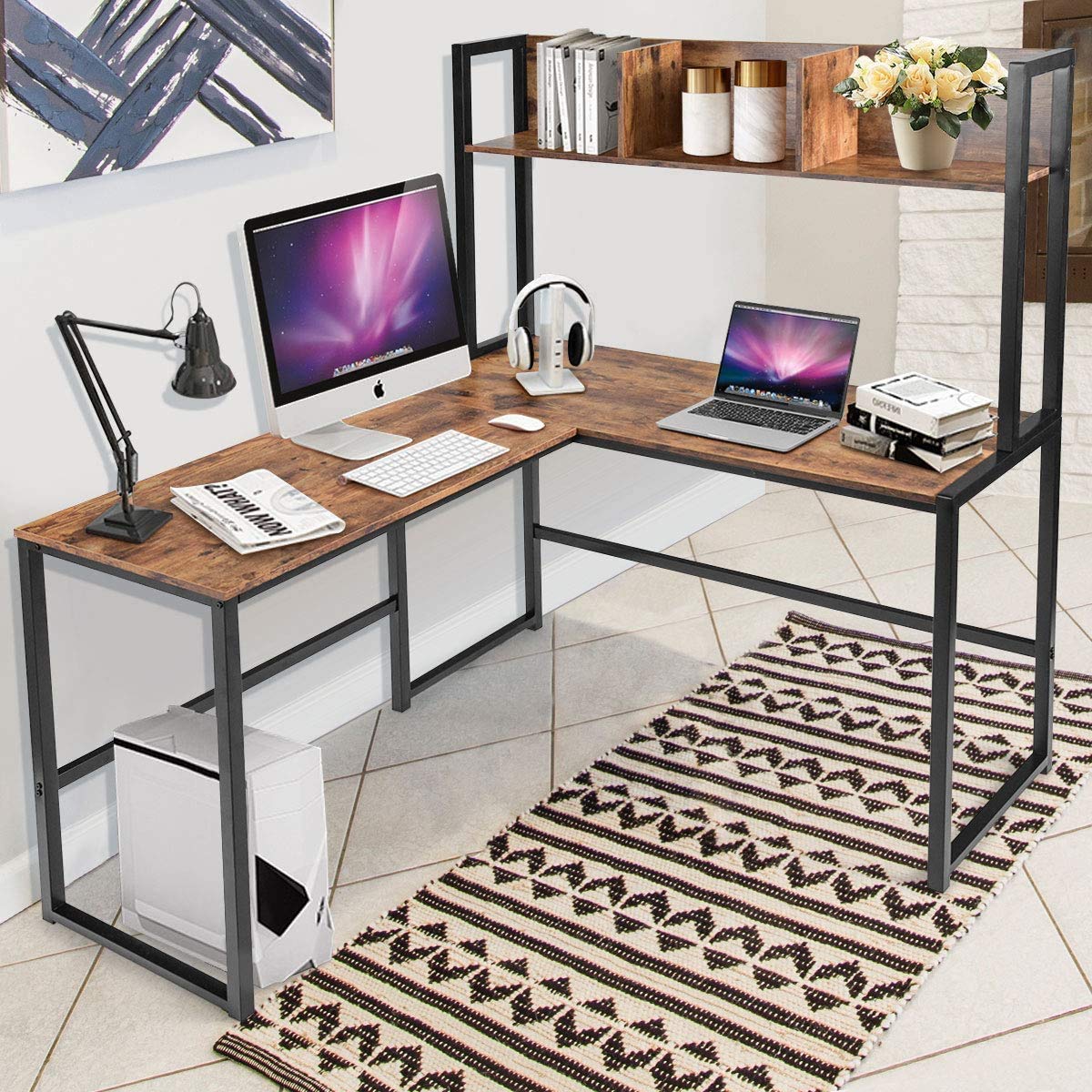Tangkula Reversible L-Shaped Desk with Hutch, Space Saving Corner Computer Desk with Storage Shelves, Home Office Study Writing Desk Computer Workstation with Storage Bookshelf, Gaming Desk