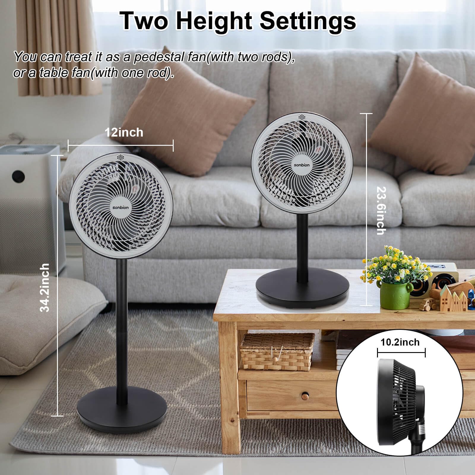 SONBION Standing Fan, Pedestal Fan Oscillating with Remote Control, Electric Fans for Home, Air Circulator Fan Floor Fan for Room Office Garage, Three Speeds, Two Height Settings and Timer Function