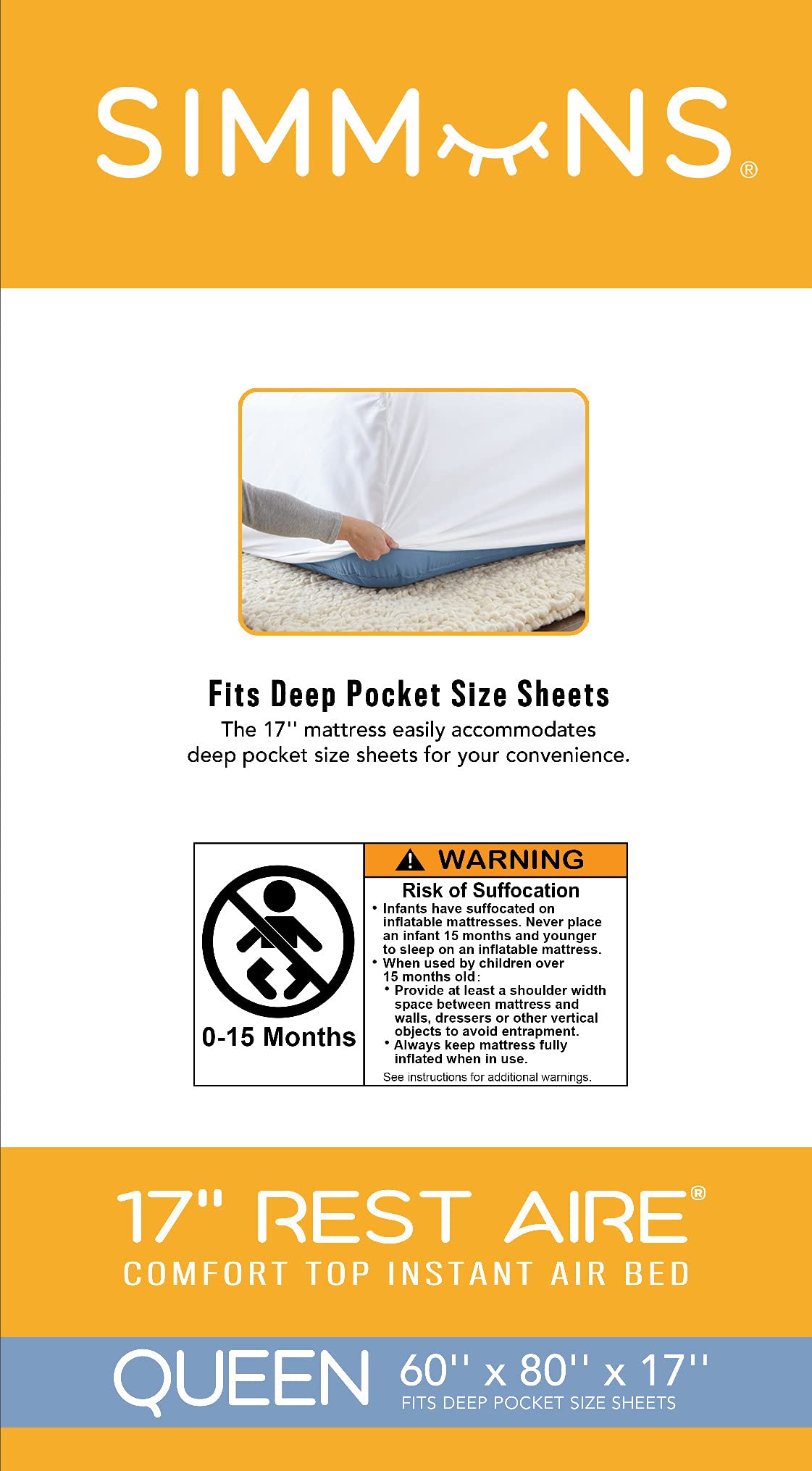 Simmons Rest Aire Mattress Air Bed with Side Built-in Pump and Soft Velveteen Topper, 17" Queen