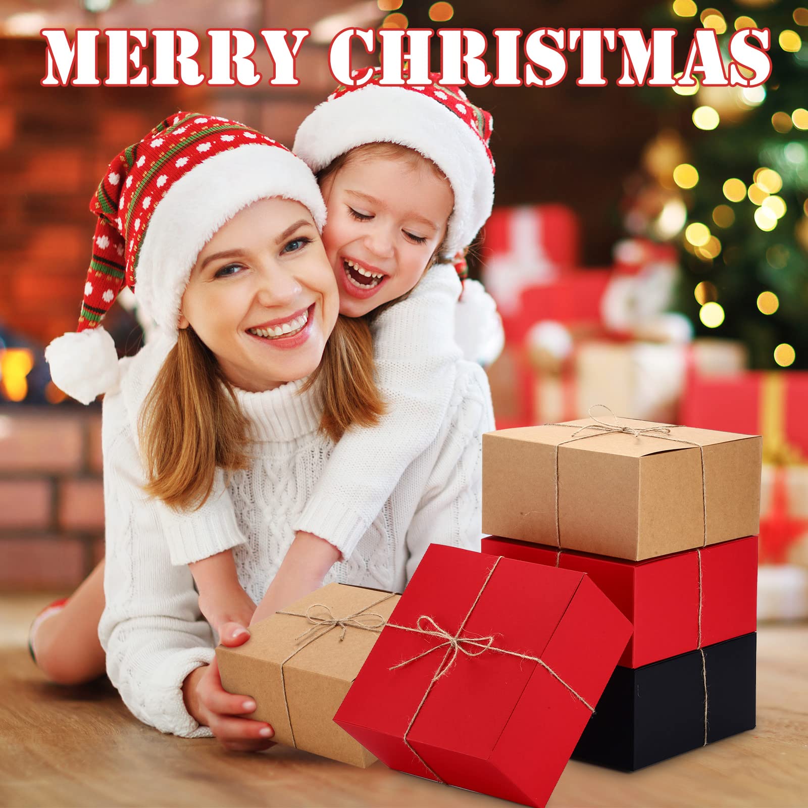 Spiareal 12 Pcs Gift Boxes with Lids Kraft Boxes Christmas Boxes Gift Wrap Boxes with Twine for Xmas Wedding(Black, Gold, Silver, 8 x 8 x 4 Inch)