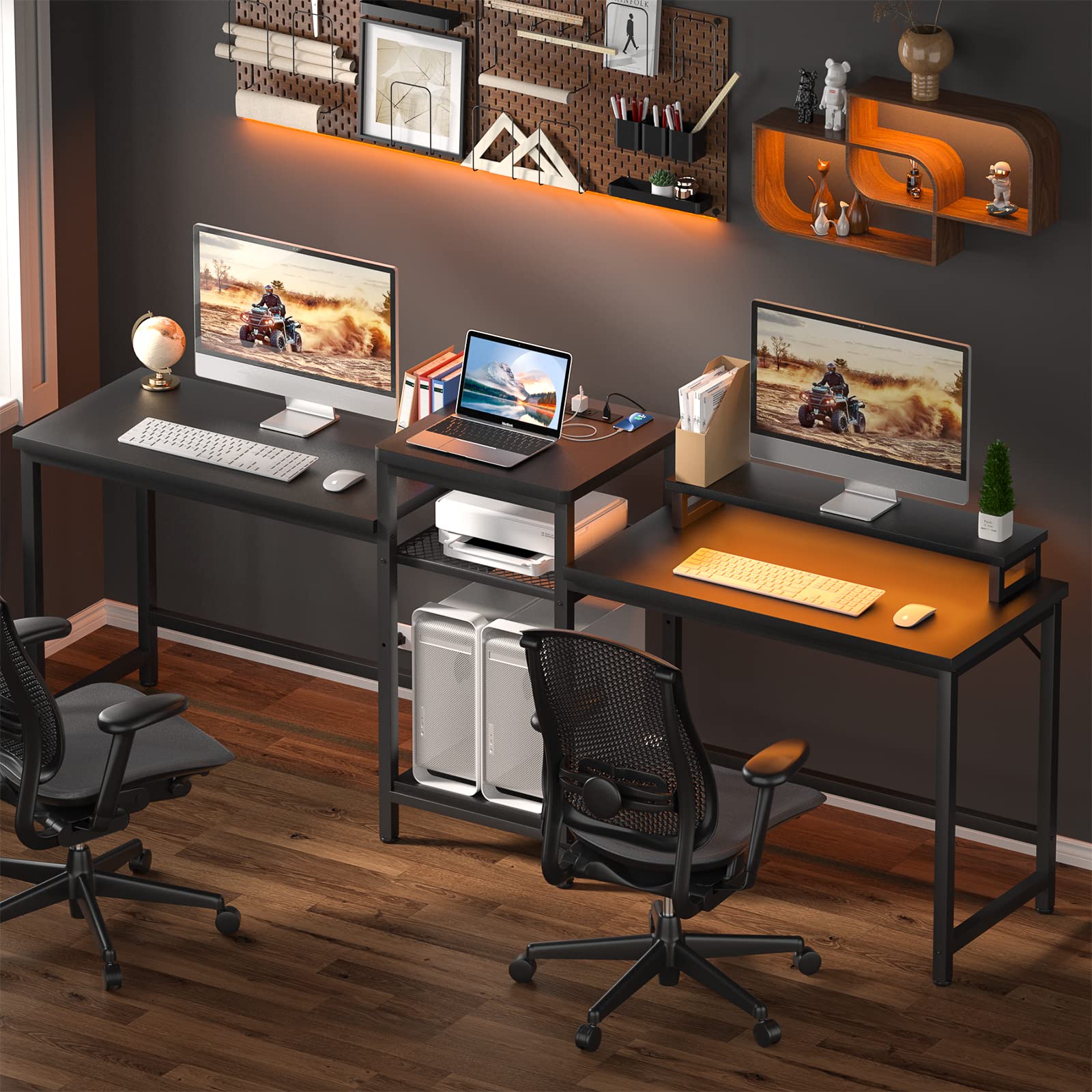Unikito 2 Person Desk, Double Computer Desk with Power Outlets and Storage Shelves, Modern Computer Desk with Printer Stand, Extra Long Large Workstation for Home Office, Couple Gaming Desk, Black Oak