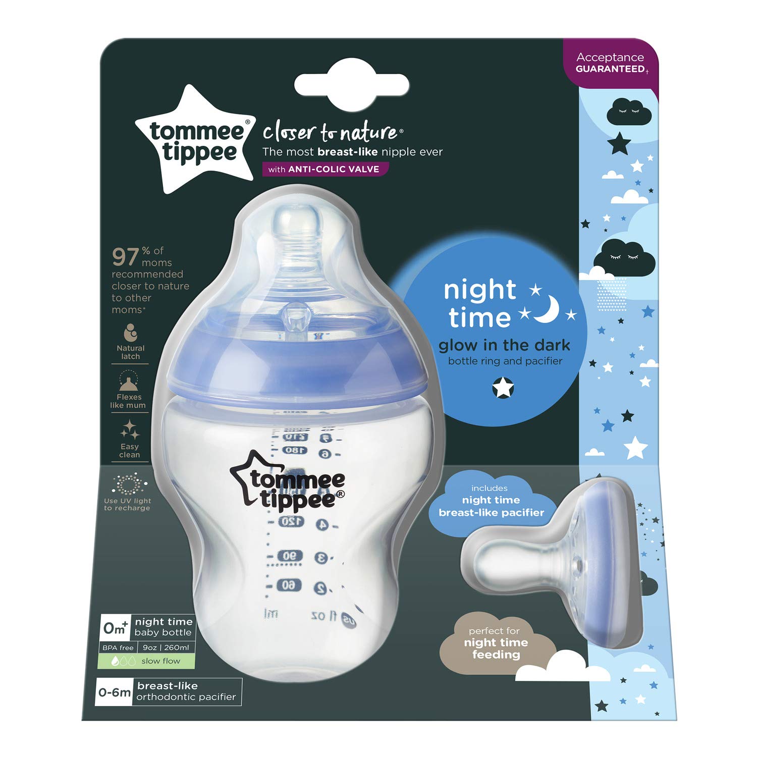 Tommee Tippee Closer to Nature Night-Time Baby Bottle & Breast-Like Pacifier, Glow in The Dark, Clear