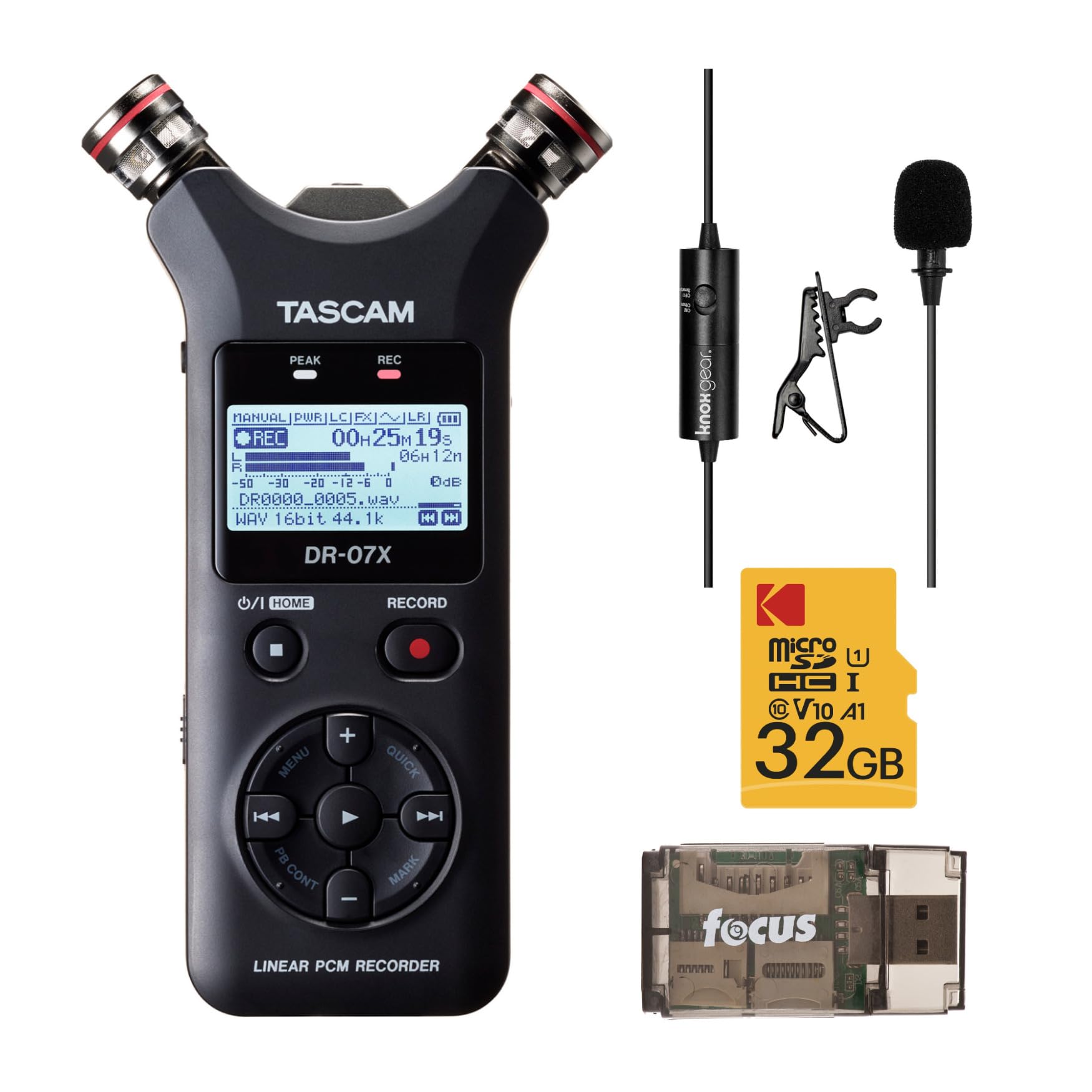 Tascam DR-07X Stereo Handheld Digital Audio Recorder and USB Audio Interface Bundle with 32GB MicroSD Card, Clip-On Lavalier Mic and USB 2.0 Card Reader (4 Items)
