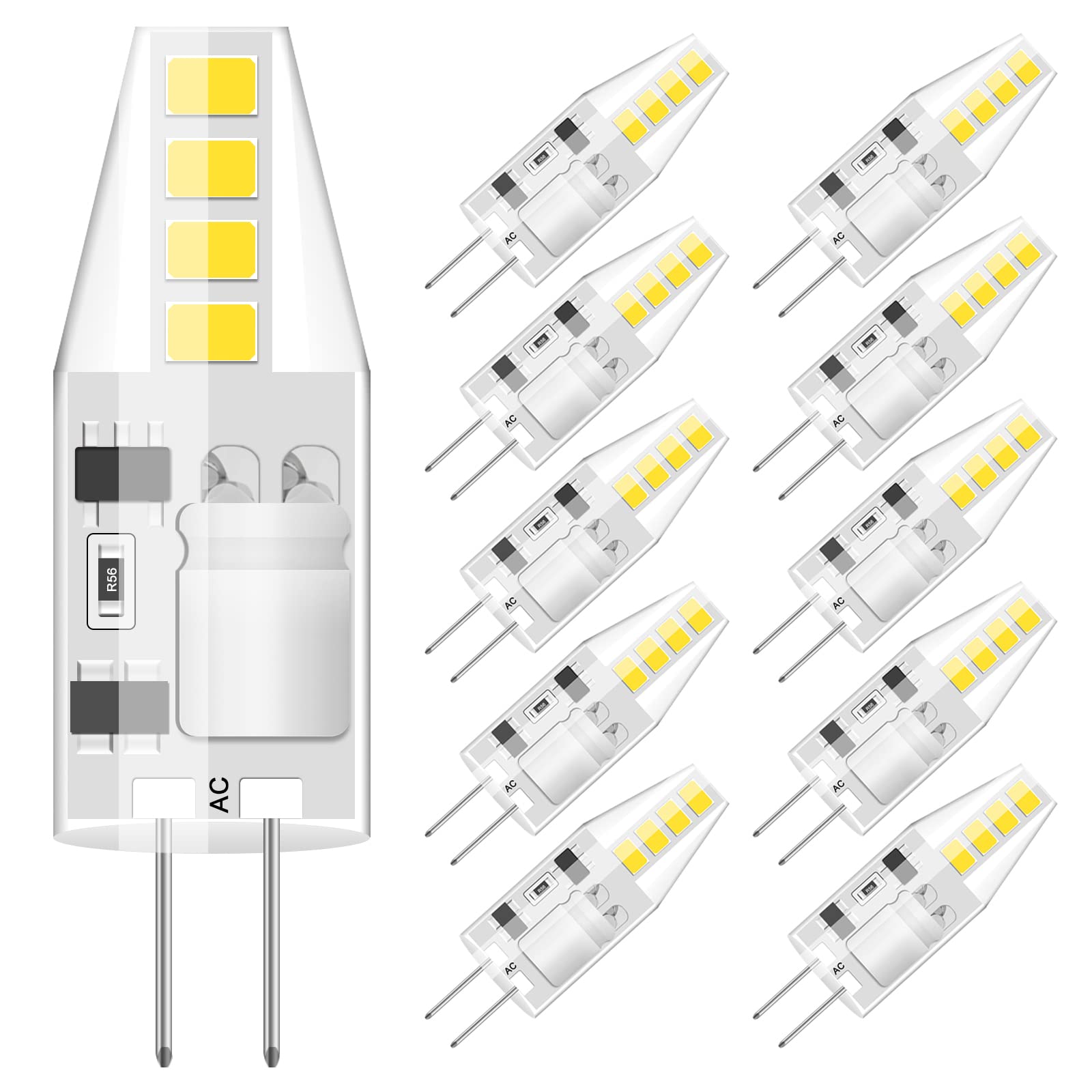 TAIYALOO G4 LED Bulb 2 Watt Equivalent to 20W T3 Halogen Bulb Replacement, JC Type Bi-Pin Base, AC/DC 12V Daylight White 6000K Mini G4 LED Light Bulb (10 Pack)
