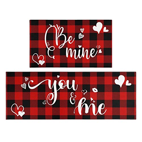 Xsinufn Valentines Day Kitchen Mat Set 2 Piece,Valentines Day Buffalo Plaid Decorative Kitchen Rugs,Valentines Hearts Low-Profile Kitchen Mats for Home Kitchen (17"x48"+17"x30" Be Mine)