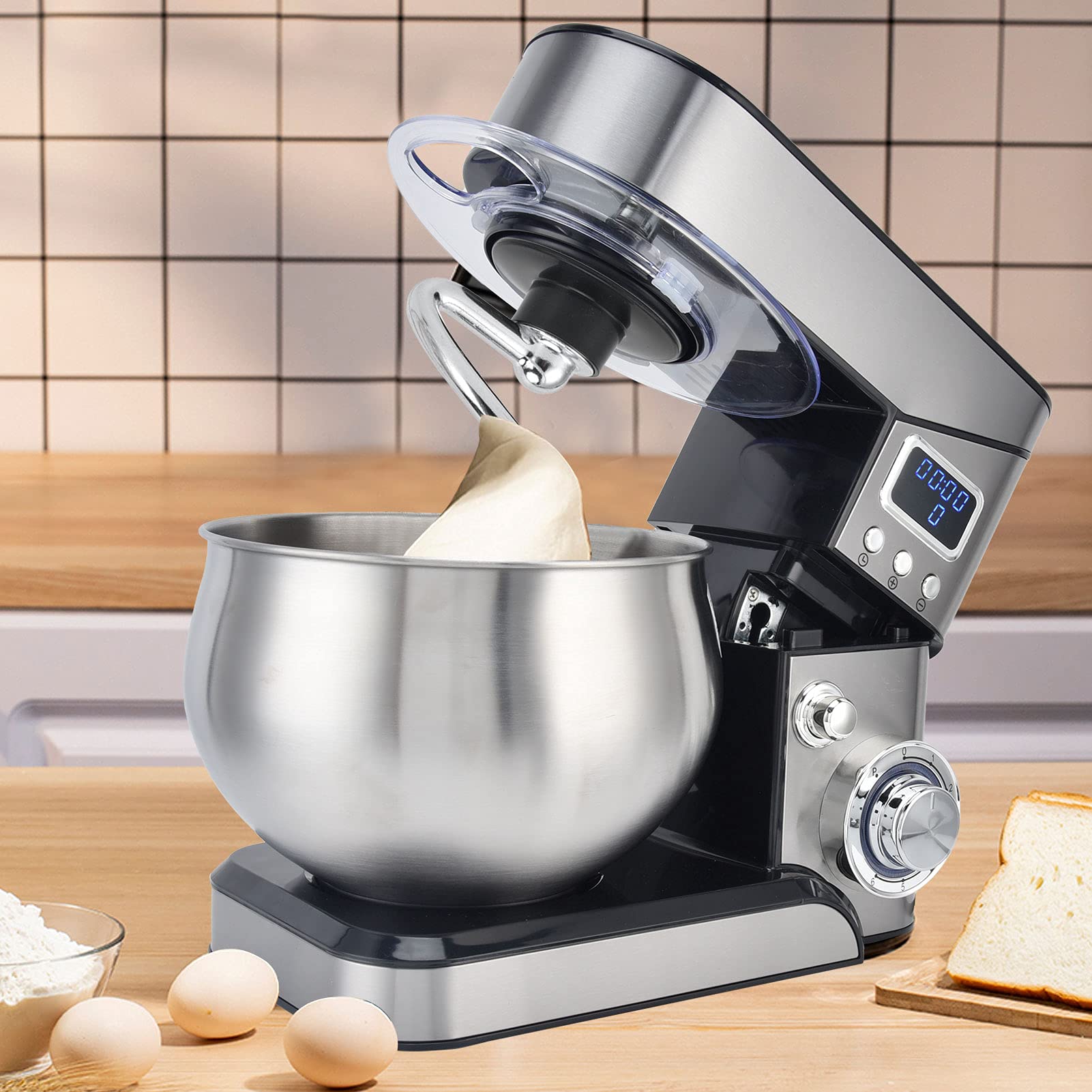 Stand Mixer, 6-Speed 500W Electric Kitchen Food Mixer Tabletop Dough Kneader with Timer Function and 5L Stainless Steel Bowl for Household Home Kitchen Baking, Making Cake, Cookie, Kneading(silver)