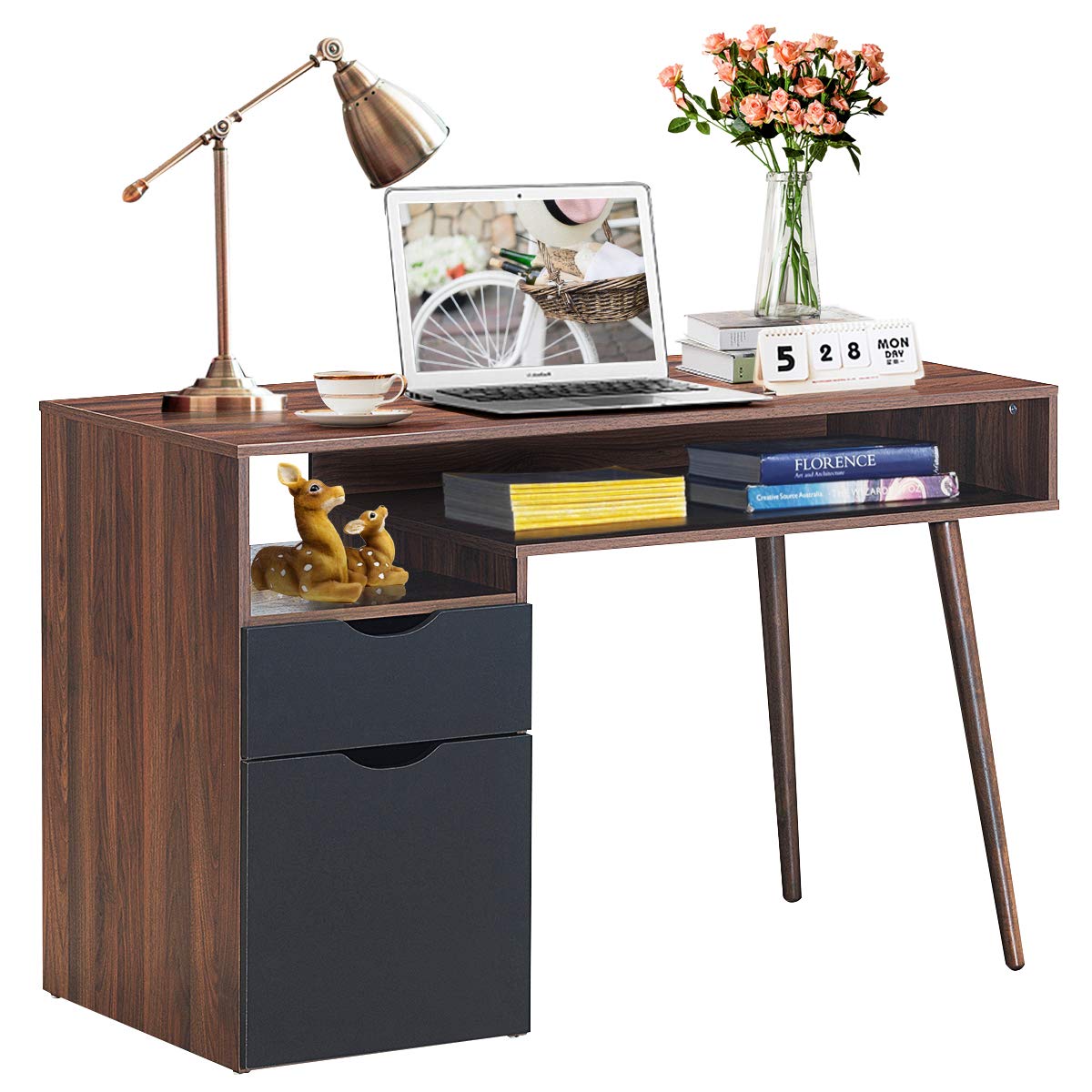 Tangkula Computer Desk with Drawers, Multipurpose Home Office Desk Writing Desk with Spacious Desktop & Storage Shelf, Computer Table Workstation, Desk for Bedroom Home Office (Brown)