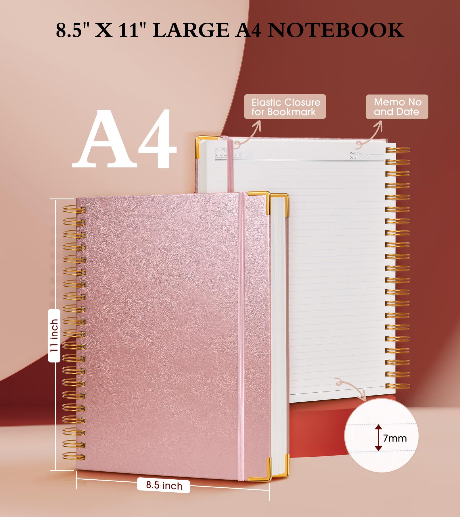Spiral Notebook Journal 8.5” x 11”, 300 Pages Hardcover Leather Lined Journals for Women Men, A4 Large College Ruled Notebooks with 100 GSM Thick Paper, Spiral Journal for Writing Work School, Pink