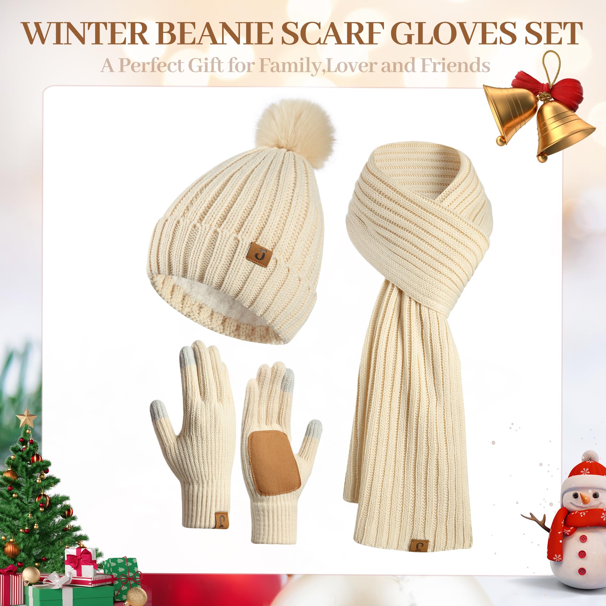 Winter Beanie Warm Hat Long Scarf Touchscreen Glove Set with Pom Pom Neck Warmer Scarves for Women (Brown)