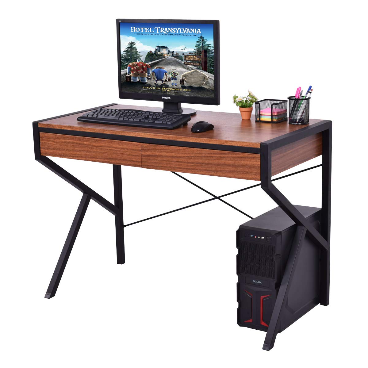 Tangkula Computer Desk, PC Laptop Desk Modern Simple Style Study Writing Table, Home Furniture Office Workstation with Storage Drawers (Wood)