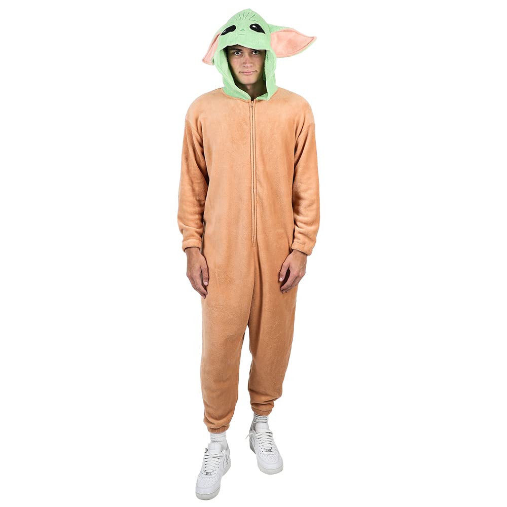 Star Wars The Mandalorian Baby Grogu Hooded Kigurumi Union Suit Pajama Onesie with Ears-Medium Brown