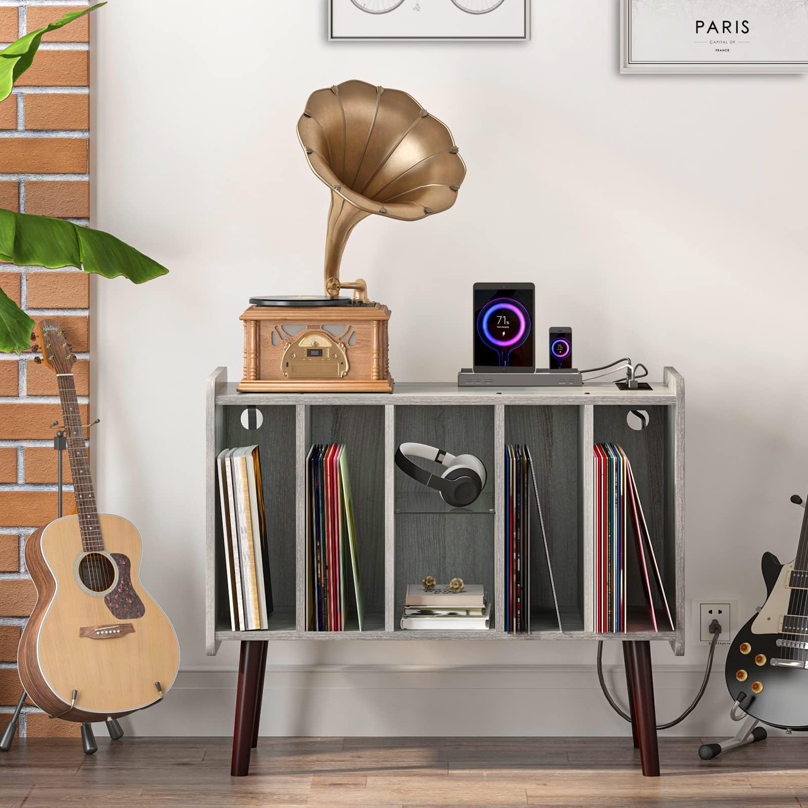 Tantmis LED Record Player Stand, Turntable Stand with Vinyl Record Storage, Mid Century Modern Record Player Table, Rustic Grey Record Player Cabinet with Power Outlet for Living Room, Bedroom