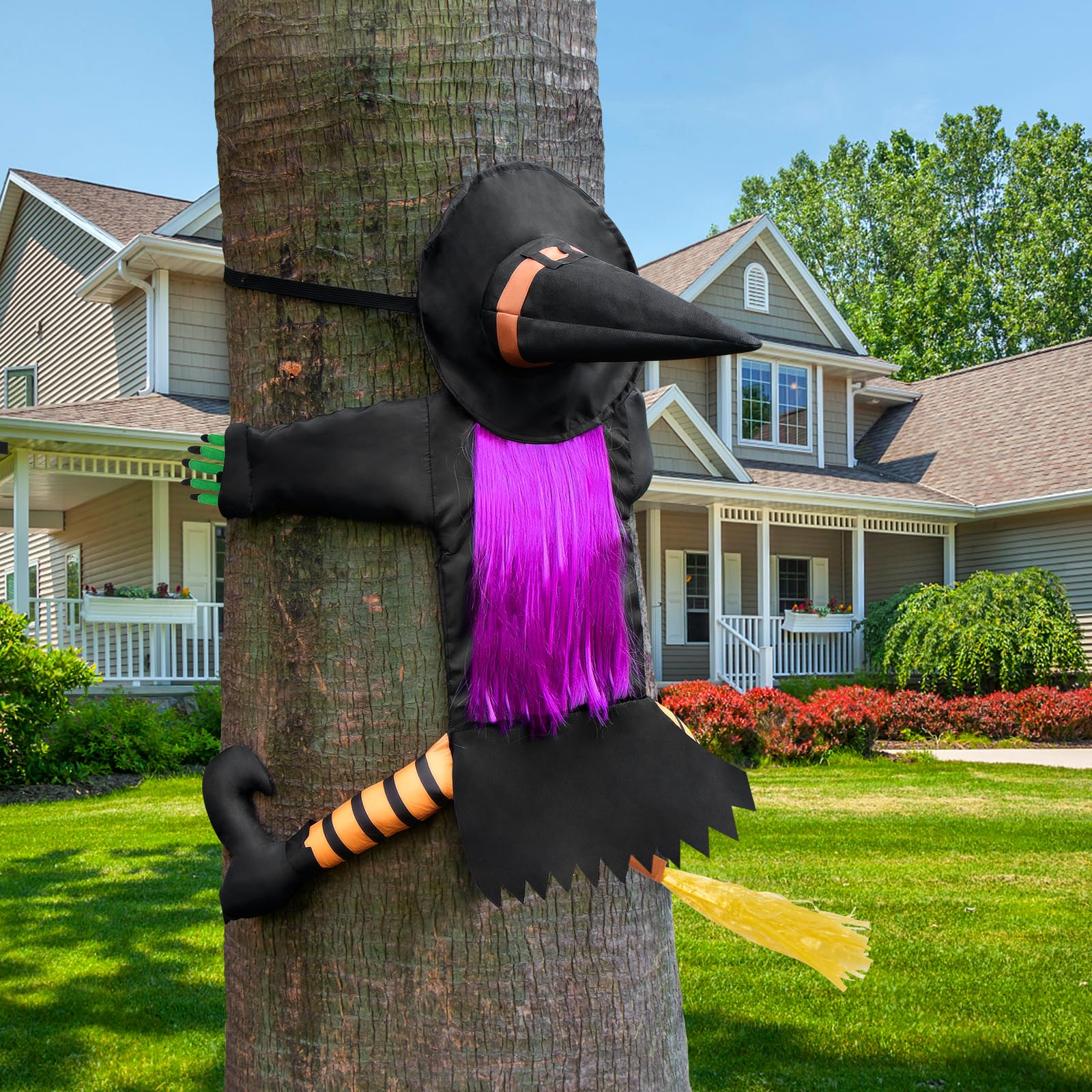 Y- STOP Nylon Crashing Witch, Halloween Decorations Outdoor Witch with Adjustable Band, Door Porch Tree Halloween Decor Props