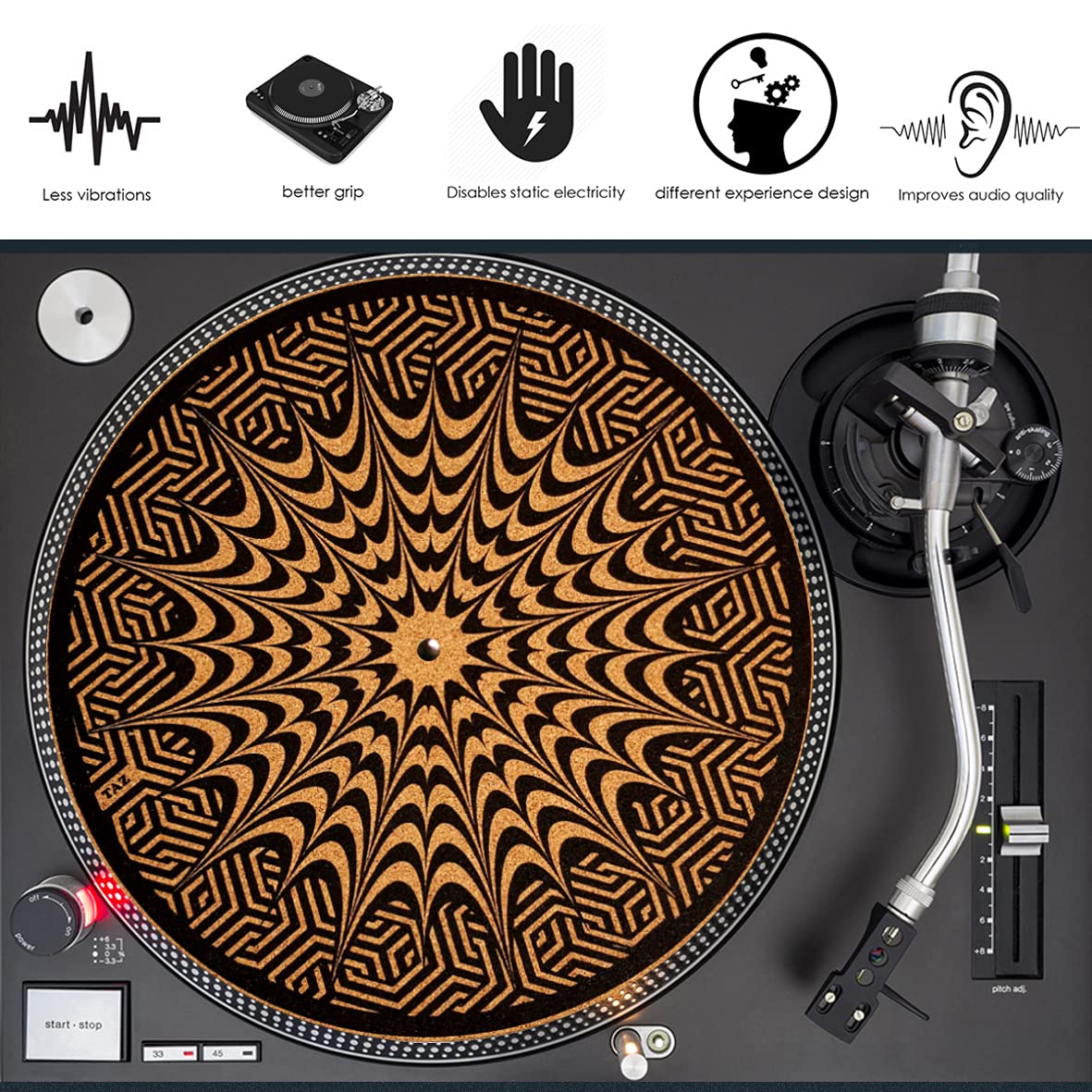 TazStudio Cork Turntable Mat for Better Sound Support on Vinyl LP Record Player - Original Geometric Design Mix Pattern [3mm thickness]-m1