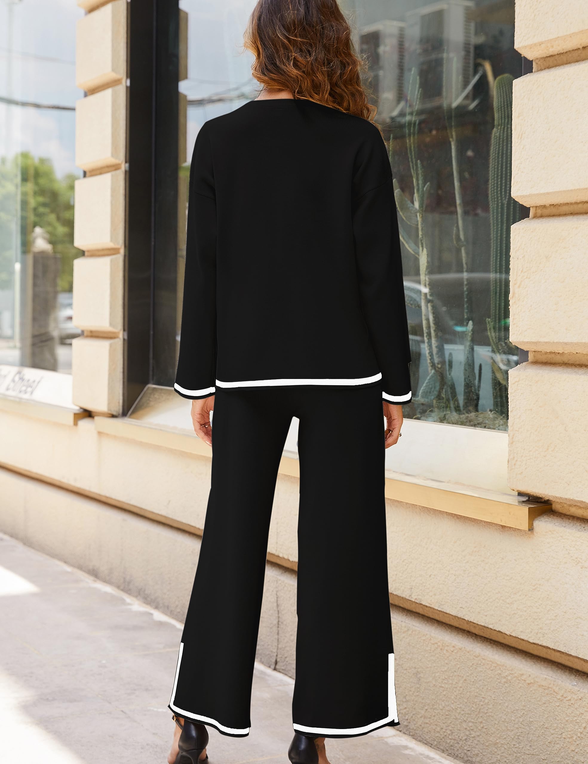 Tanming Women's 2 Piece Outfits Long Sleeve Knit Sweater Top Wide Leg Pants Lounge Sets Tracksuits (Black-M)