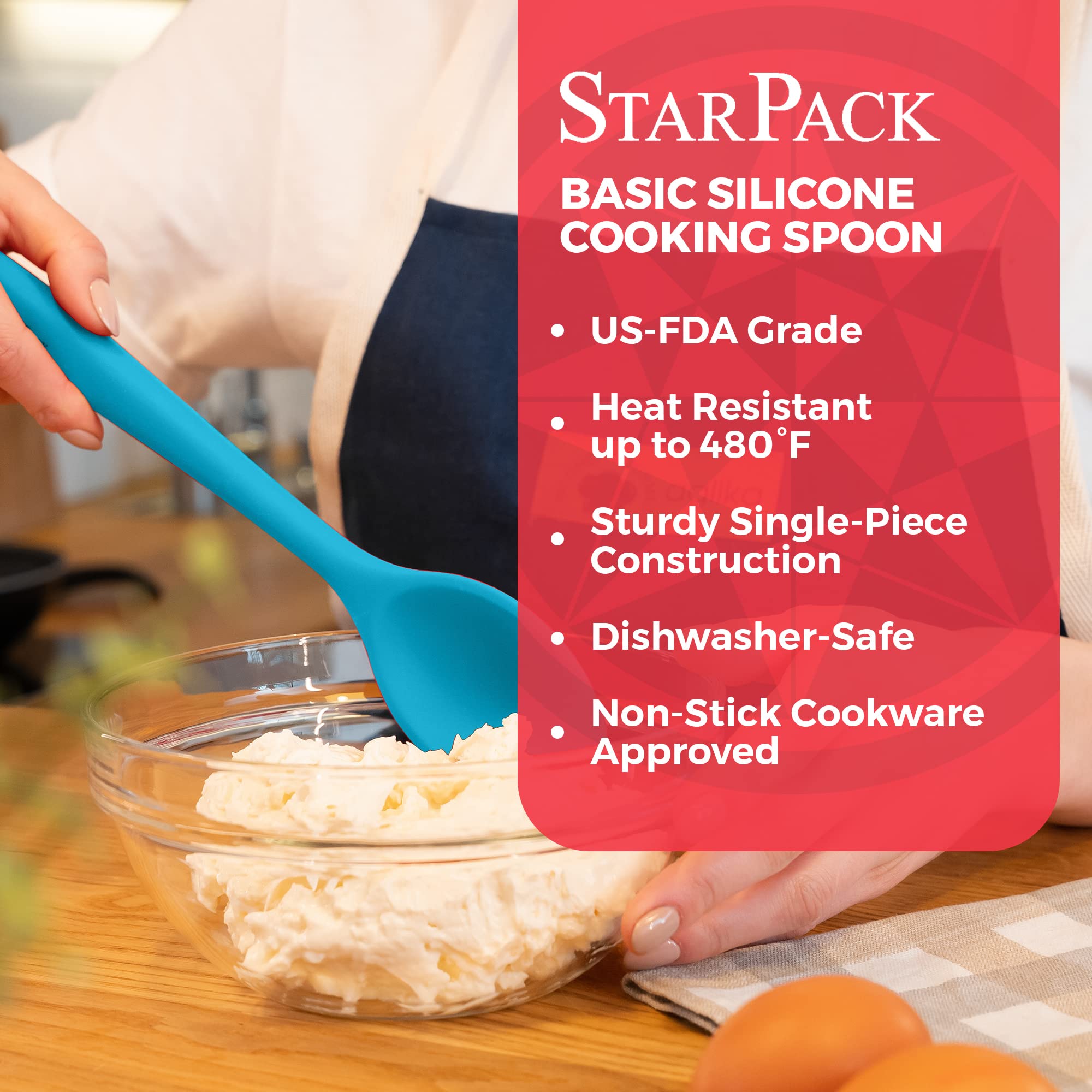 StarPack Basic Silicone Spoon for Cooking - Dishwasher Safe Mixing Spoon for Baking - Rubber Spoon with Heat Resistance up to 480°F - Hygienic Mixing Spoon for Cooking & Serving (Teal Blue)