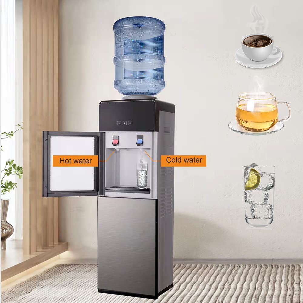 Top-Loading Water Dispenser for 5 Gallon Bottles, THABATAD Hot & Cold Water Cooler with Storage Cabinet & Glass Door Water Coolers Dispenser for Home, Office, School, Grey