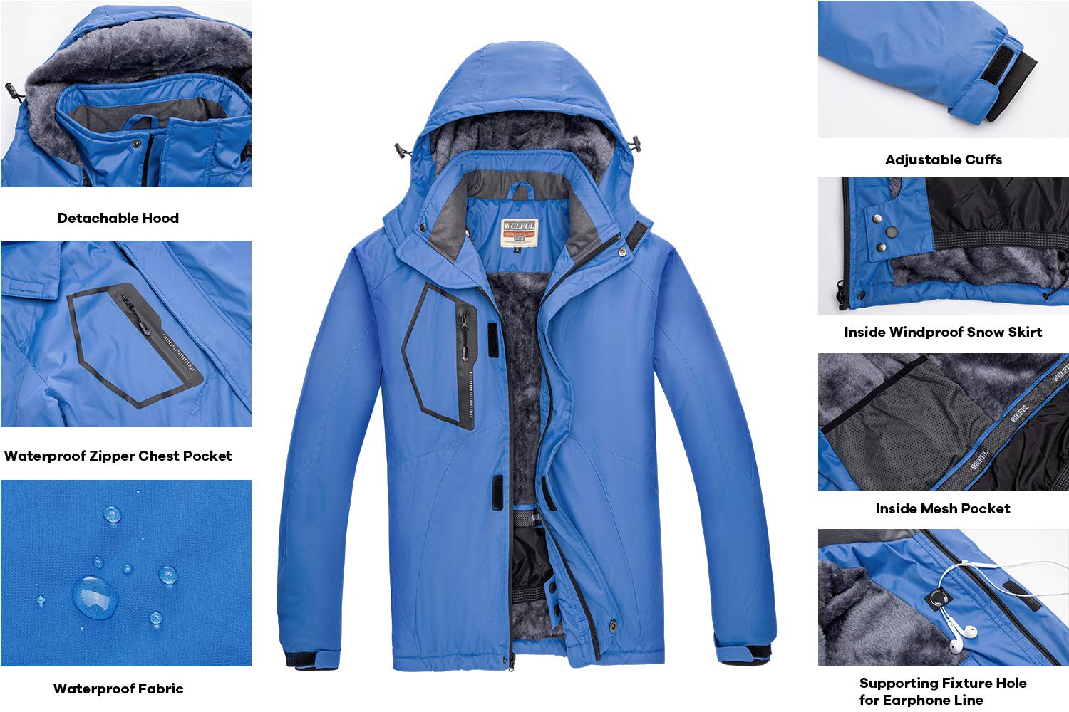 WULFUL Men's Waterproof Ski Jacket Warm Winter Snow Coat Mountain Windbreaker Hooded Raincoat