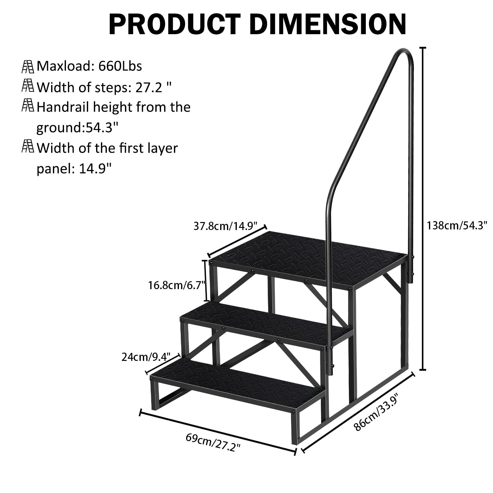 Step Stool for Adults, 3 Step Ladder Update 3.0, Hot Tub Steps Outdoor, Safety RV Steps with Handrails and Anti-Slip Pedals, Home Decor Ladder Shelf for Office, Household, Kitchen(Black, 3 Step)