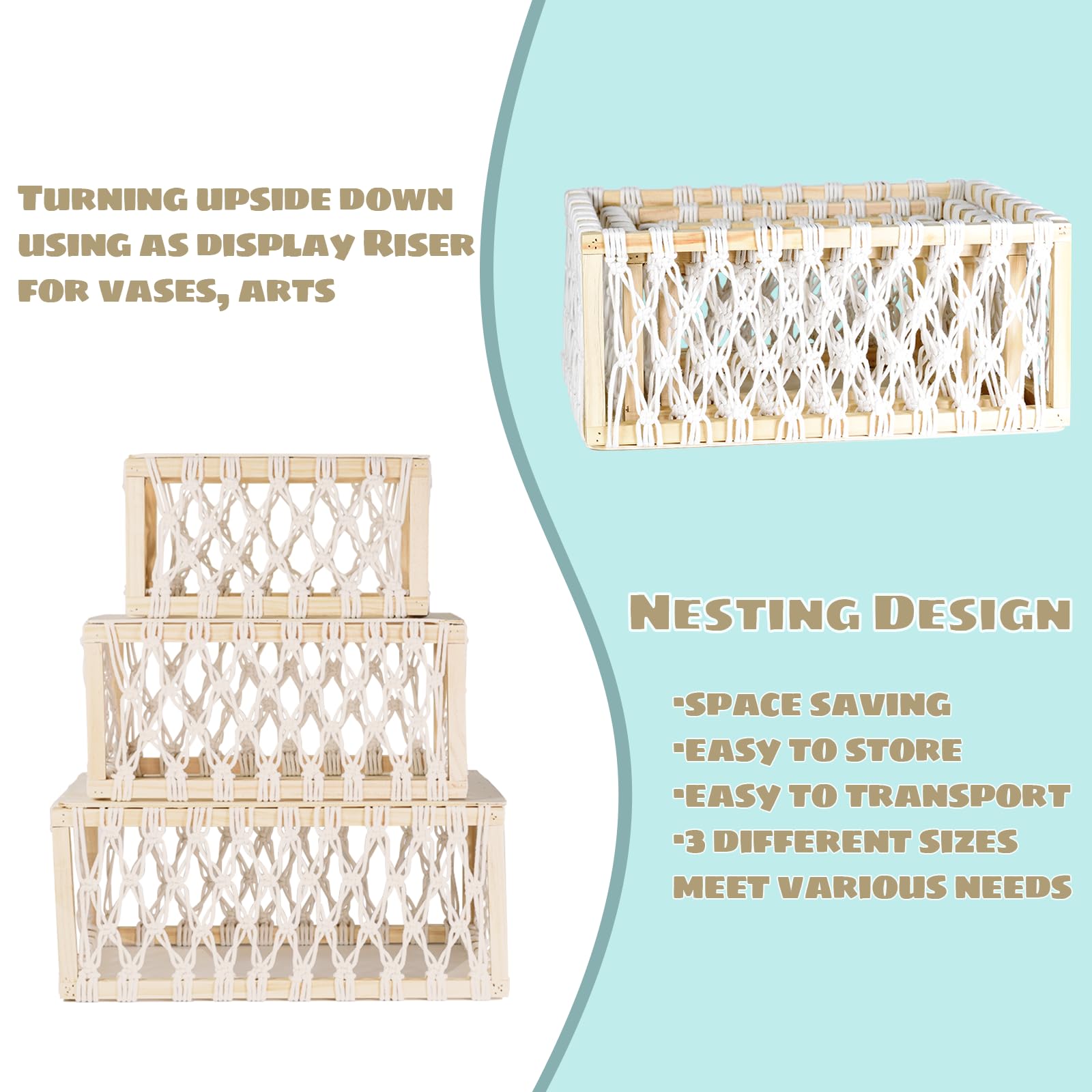 Wongblee Macrame Storage Baskets Set of 3, Decorative Wood Baskets, Nesting Organizer Boxes for Shelves, Boho Room Décor
