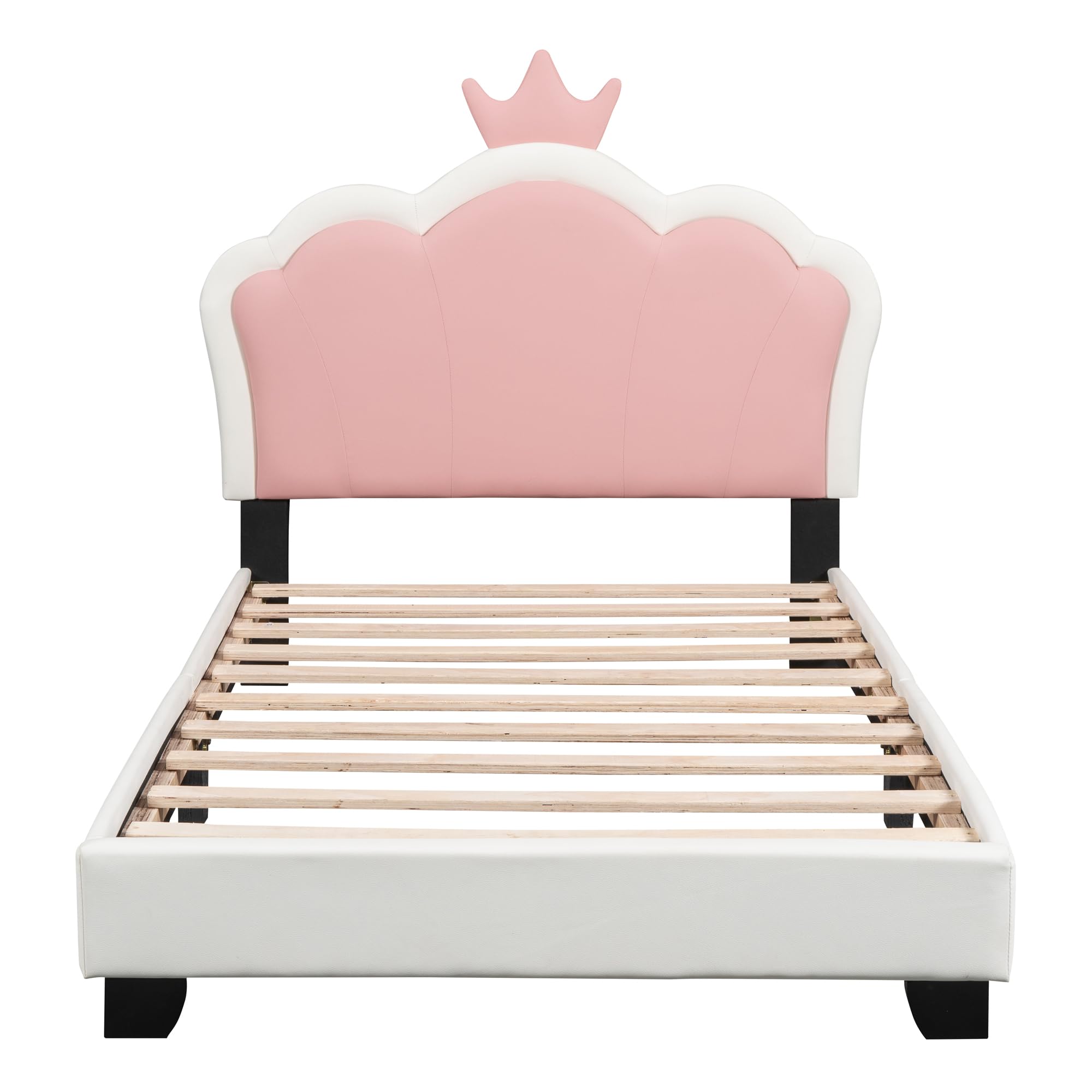 Upholstered Platform Bed, Pink Cute Cartoon Elements Princess Bed Fun Bed, Wood Twin Size Bed Frame with Crown Shaped Headboard, Kids Bedroom Furniture Cute Bed Upholstered Bed
