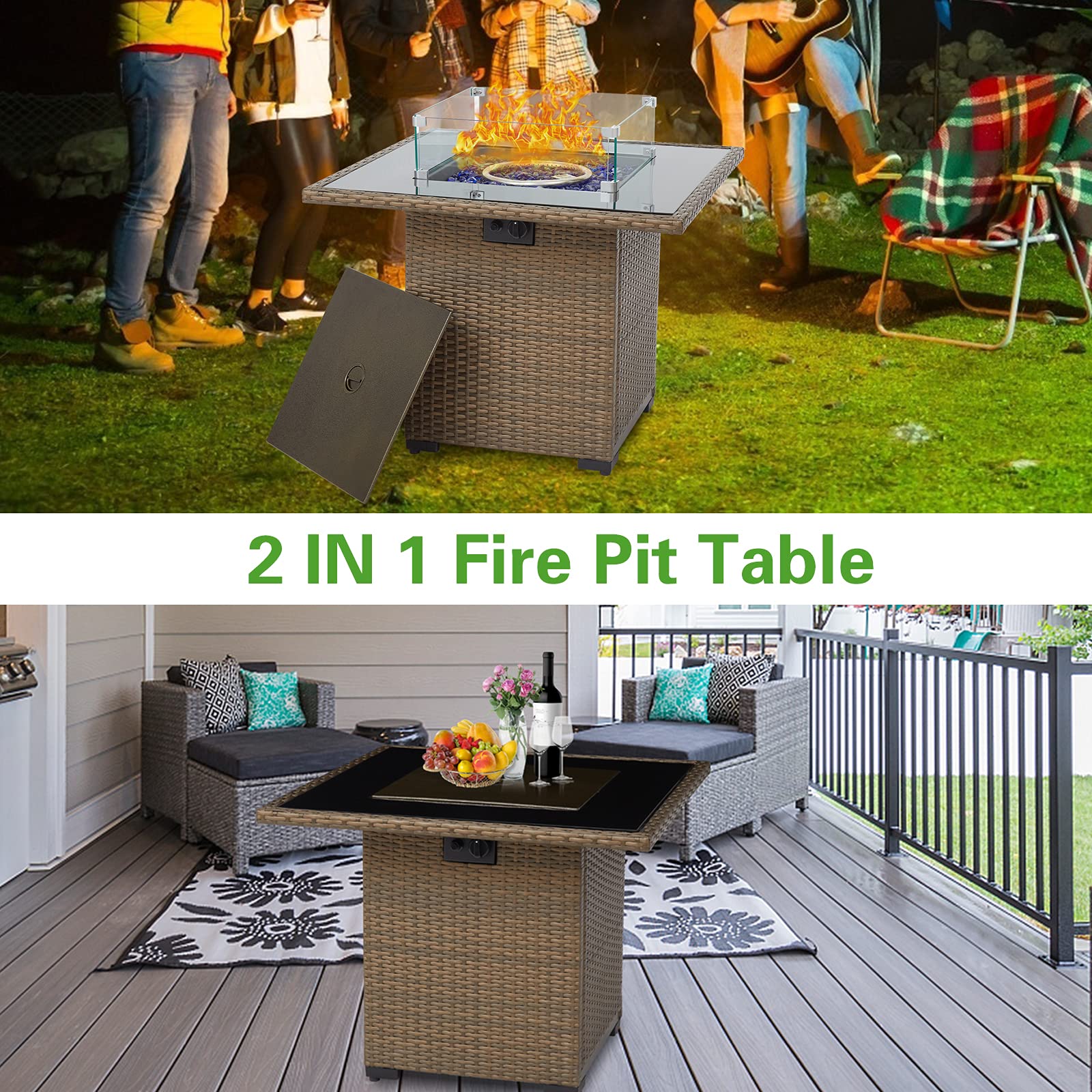 Square Gas Fire Pit Table, 2-in-1 Outdoor Propane Fire Table, 32 inch Firepit Table with Blue Stone Glass Wind Guard, Black Tempered Glass Tabletop, 50,000 BTU, Brown