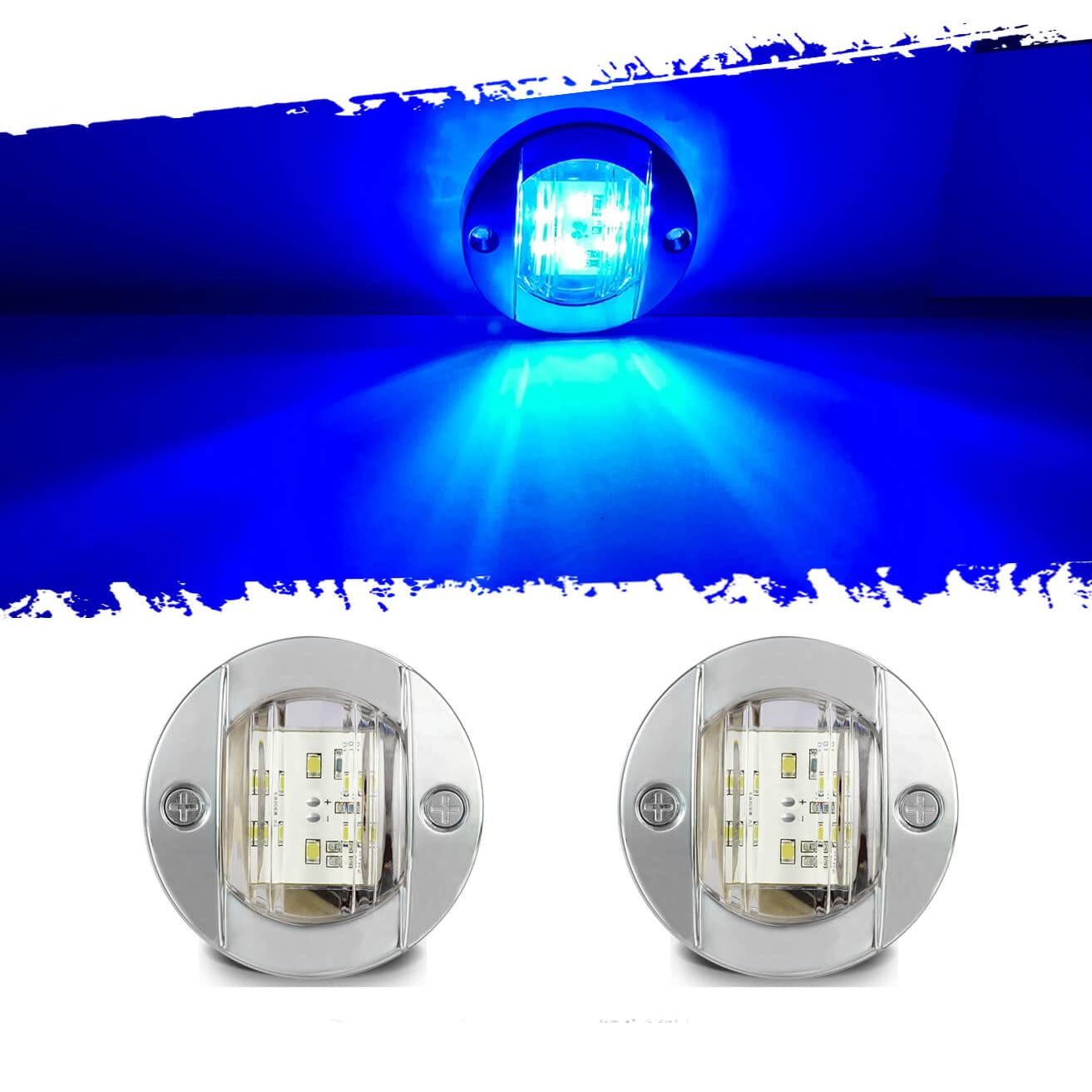 TCTAuto Marine Boat LED Blue Lights Interior Transom Cabin Courtesy Stern Navigation Lights 3 Inch 12V Round Chrome Clear Lens Waterproof, Pack of 2