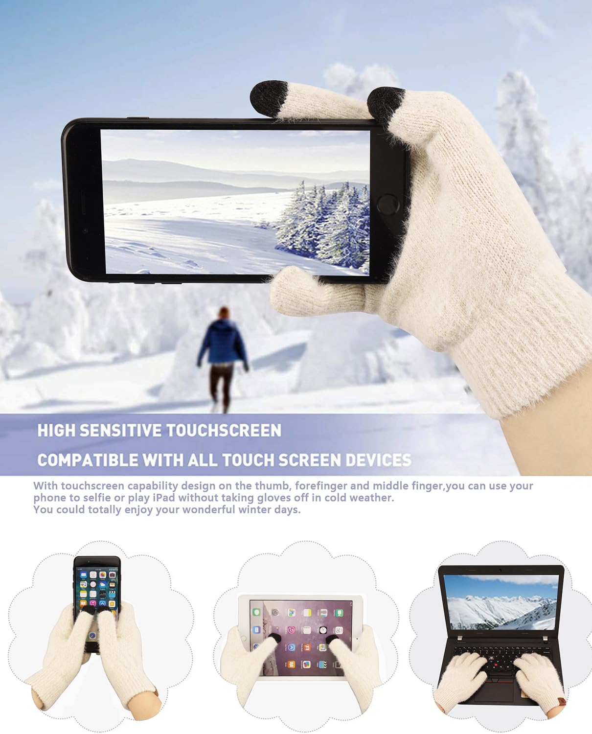 Womens Winter Warm Knit Beanie Hat Touchscreen Gloves Long Neck Scarf Set with Fleece Lined Skull Caps Gifts for Women Men