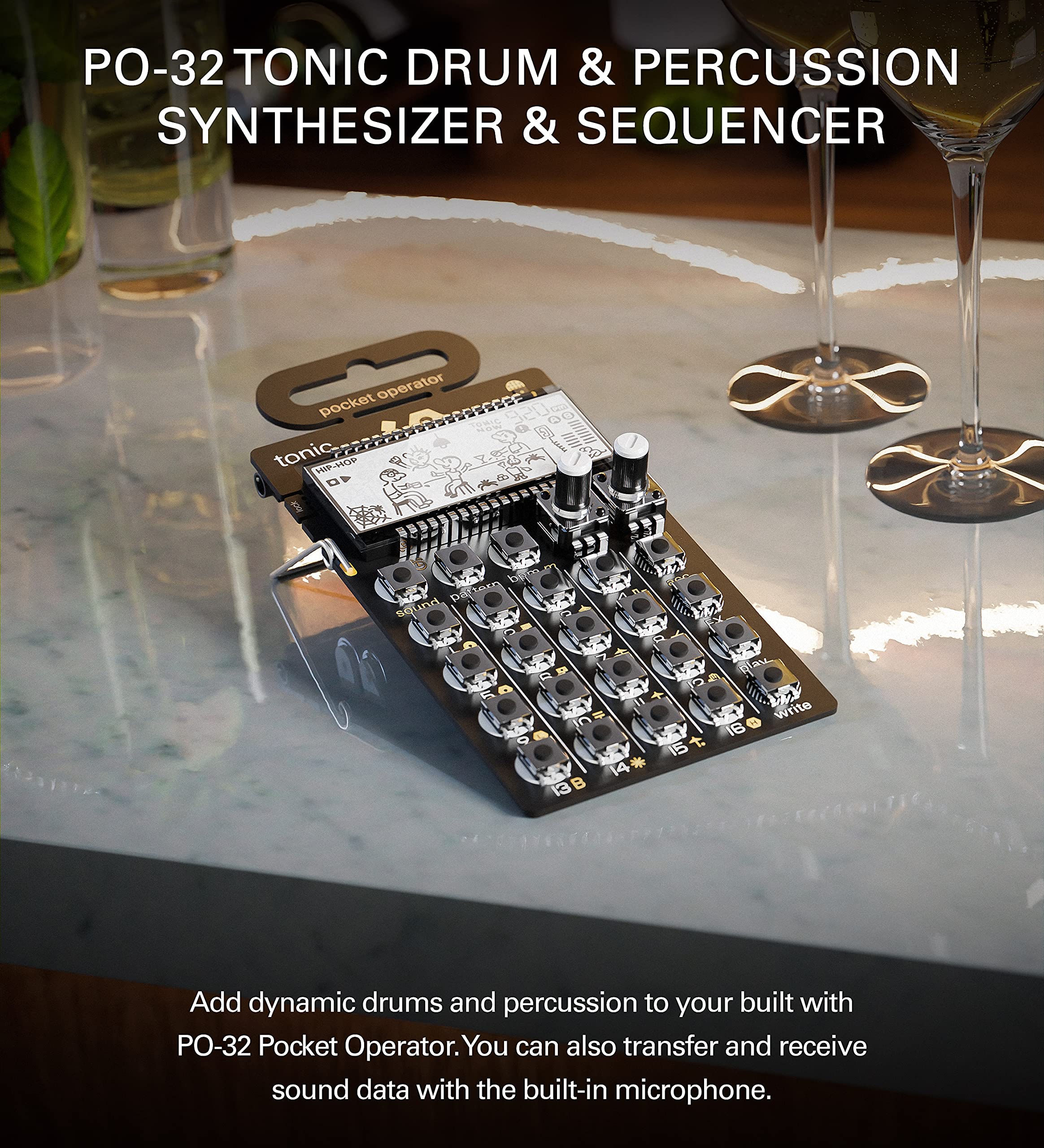teen age engineering PO-32 Pocket Operator Tonic Drum Synth Bundle with Samson SR350 Over-Ear Stereo Headphones, Blucoil 3-Pack of 7" Audio Aux Cables, and 4 AAA Batteries