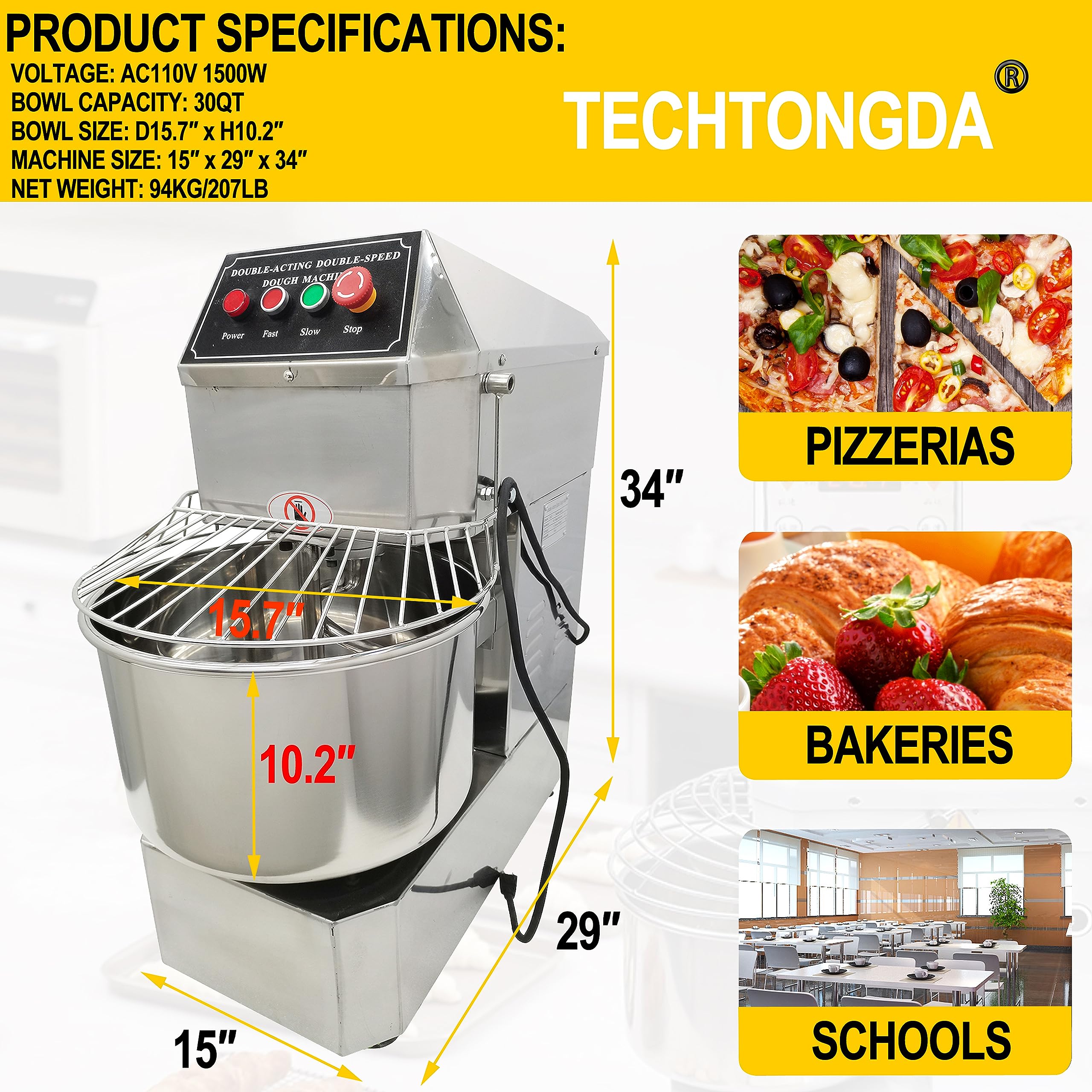 TECHTONGDA 30L Commercial Dough Mixer Electric Flour Mixer Dual Rotating Double Speed Dough Kneading Machine Stainless Steel Stand Mixer Pizza & Bread Dough Mixing Machine for Restaurant Pizzeria