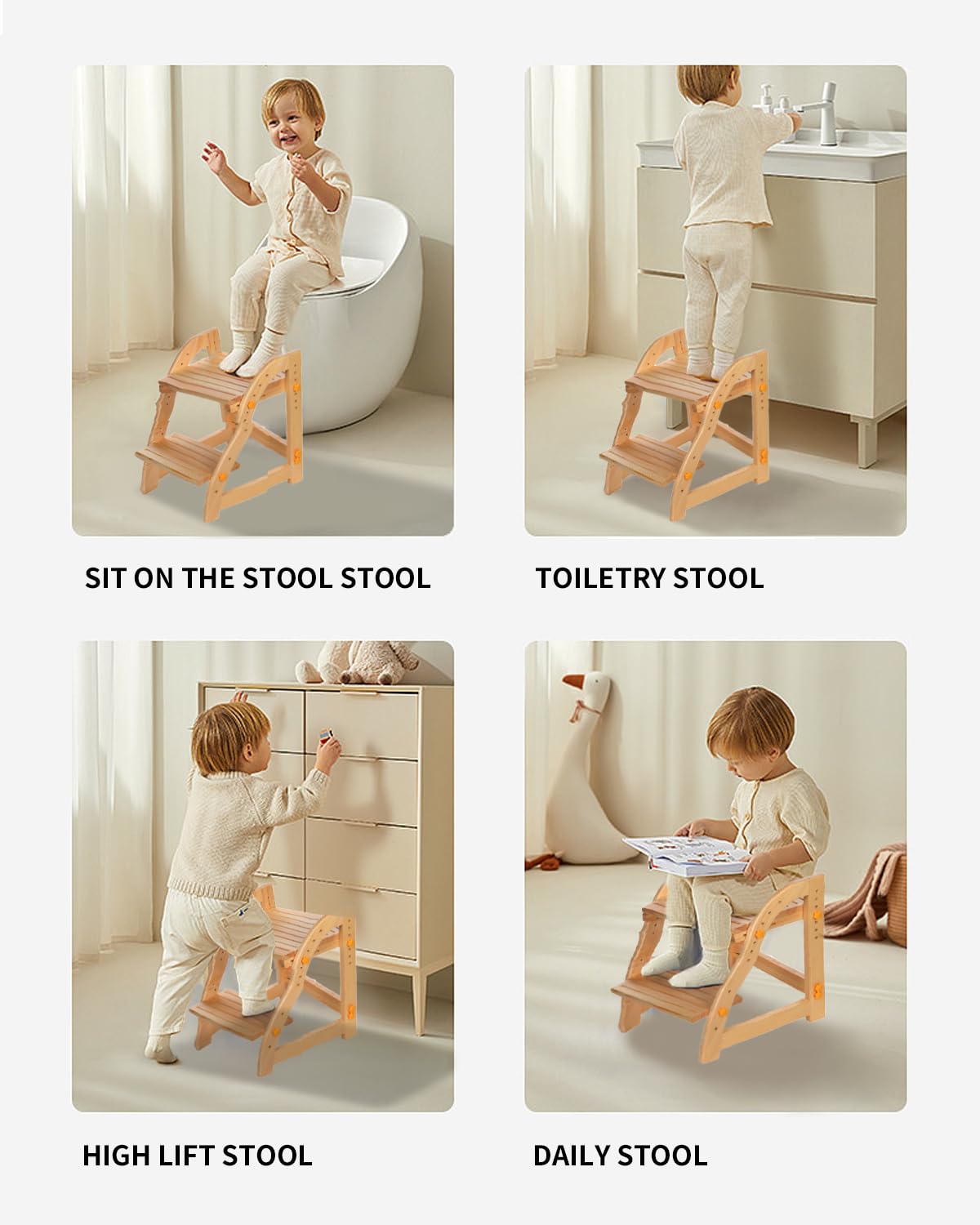 Wooden Step Stool for Kids, Kitchen Toddler Step Stool for Bathroom Sink and Toilet Stool for Kids Potty Training Anti-Slip Sturdy Height Lift Stool (Natural)