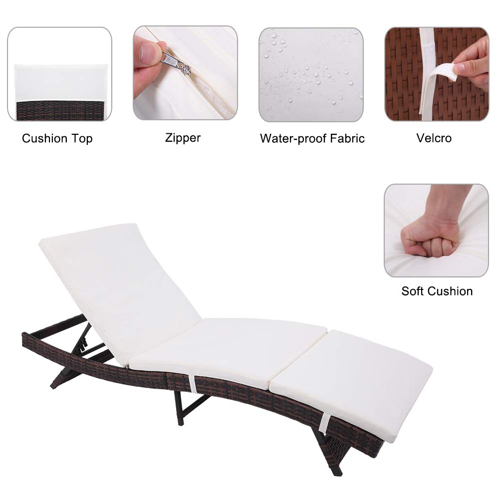 SSLine Outdoor Patio Chaise Lounge S-Shape Poolside Reclining Lounge Chair with Cushions and Adjustable Backrest Folding Portable Brown PE Wicker Chaise Lounger Sunbed for Pool Deck