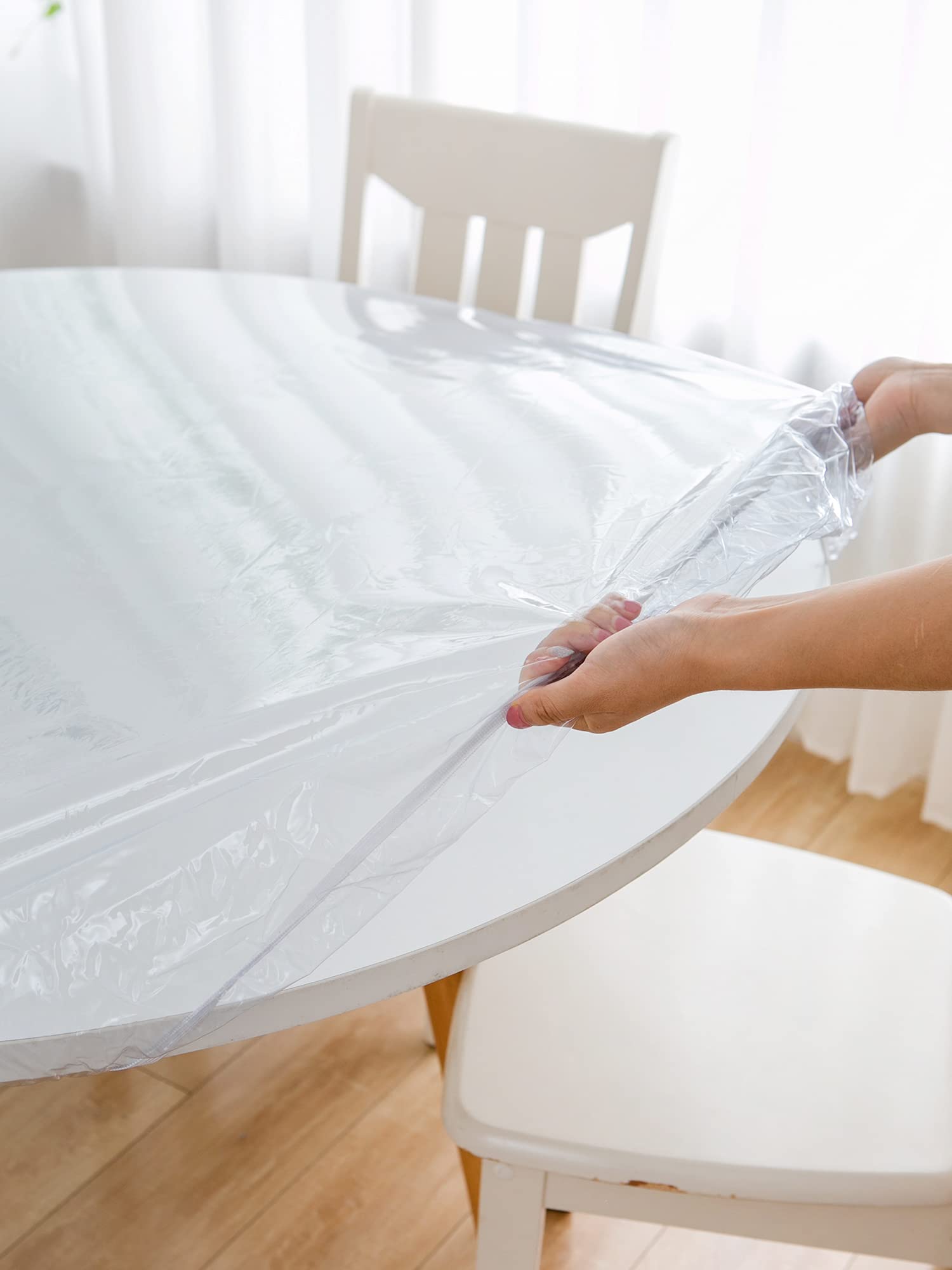 SSTYYXIA Flannel Backed Fitted Vinyl Tablecloth with Elastic Edge Waterproof Oil-Proof Stain Resistant PVC Round Table Cover for Kitchen (clear, 45~56 INCH round tight fit)